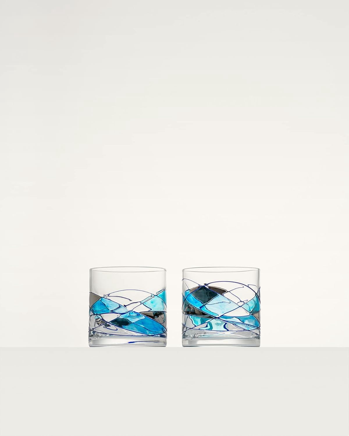 Whiskey Bourbon Crystal Glasses 12Oz SET 2 Blue Line Hand Painted Mouth ...