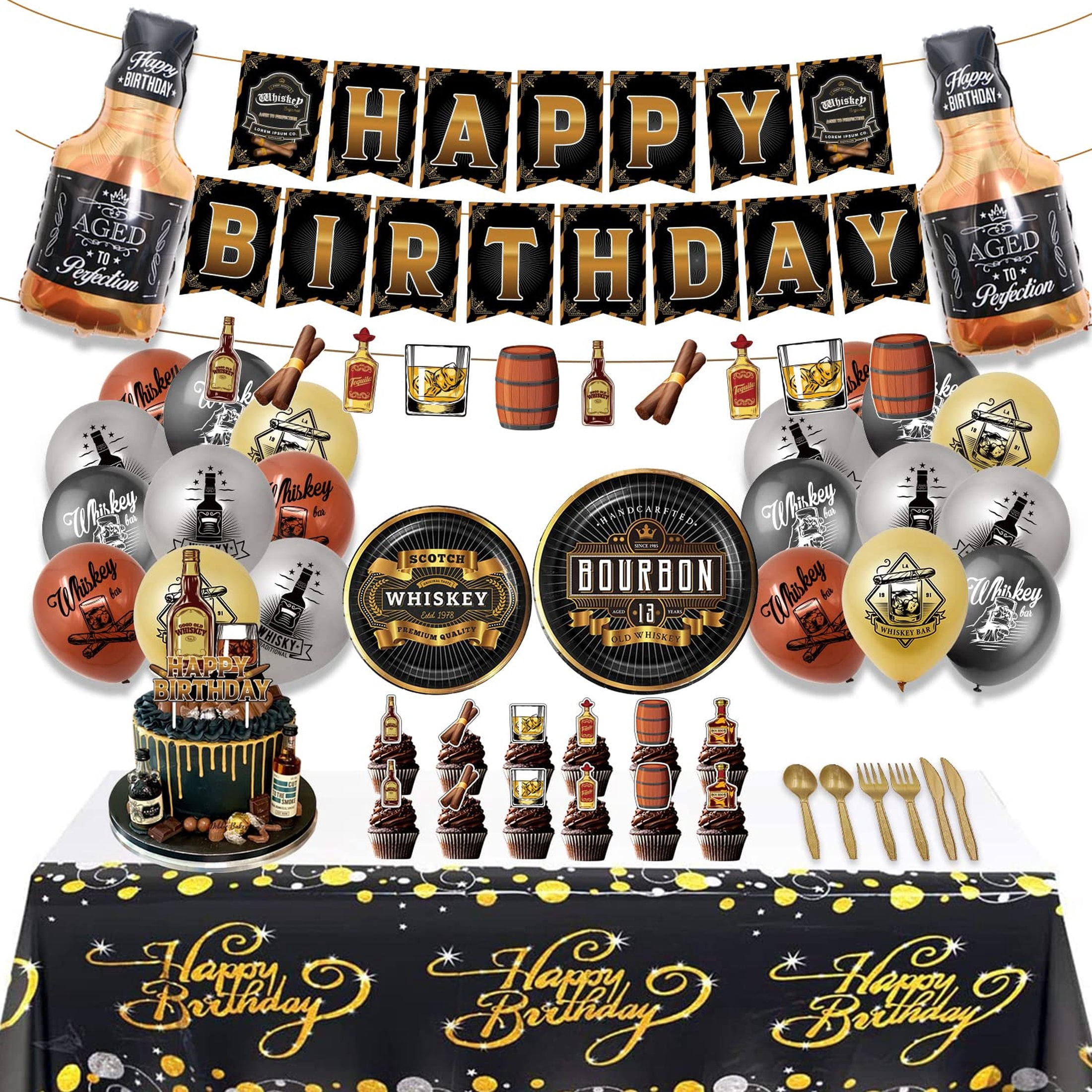 Whiskey Celebration Essentials Party Kit - Complete Set with Tablecloth, Banner, Balloons ...