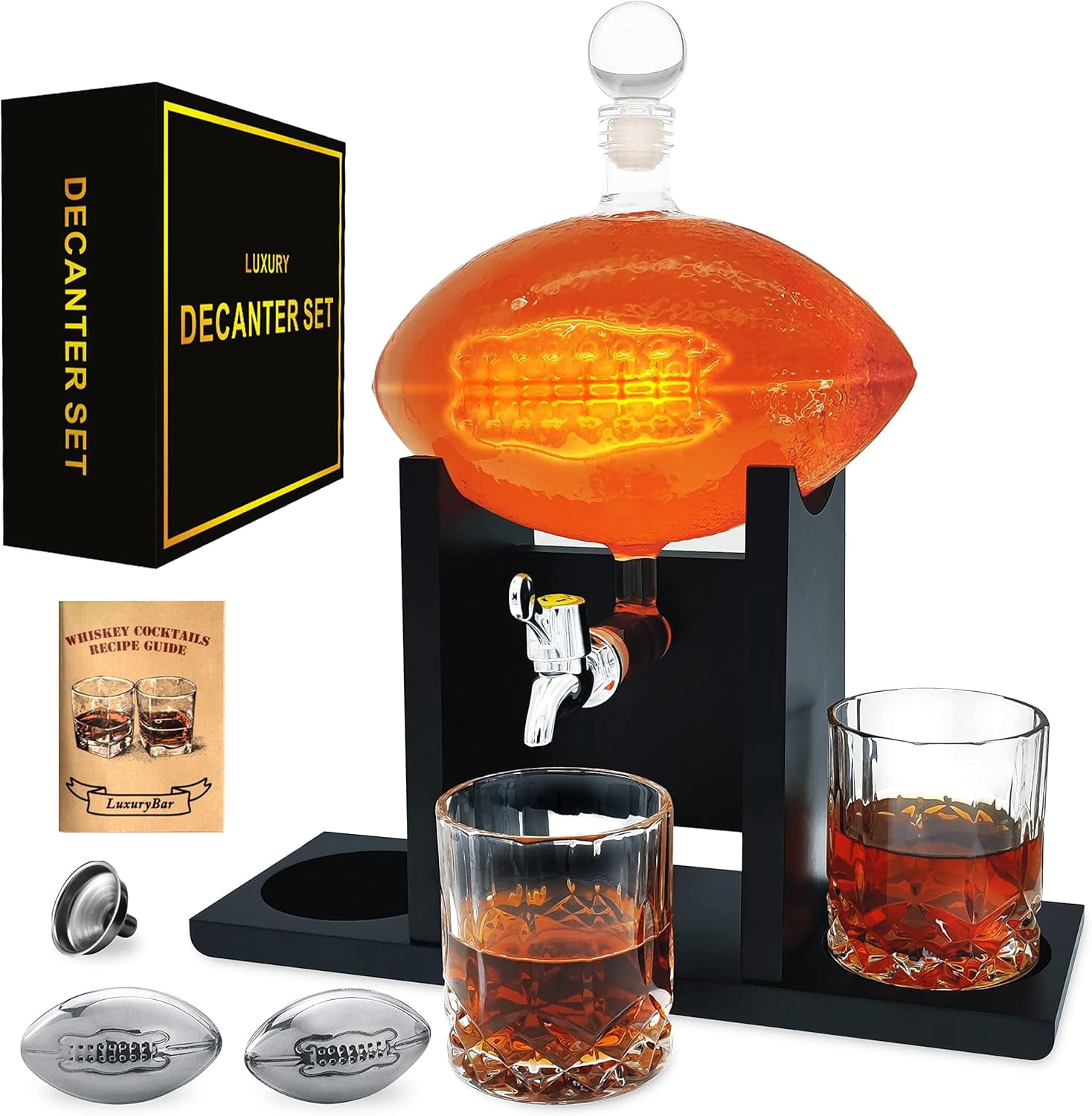 Whiskey Decanter Set with Glasses Spout Football Chiller,47oz Whiskey ...