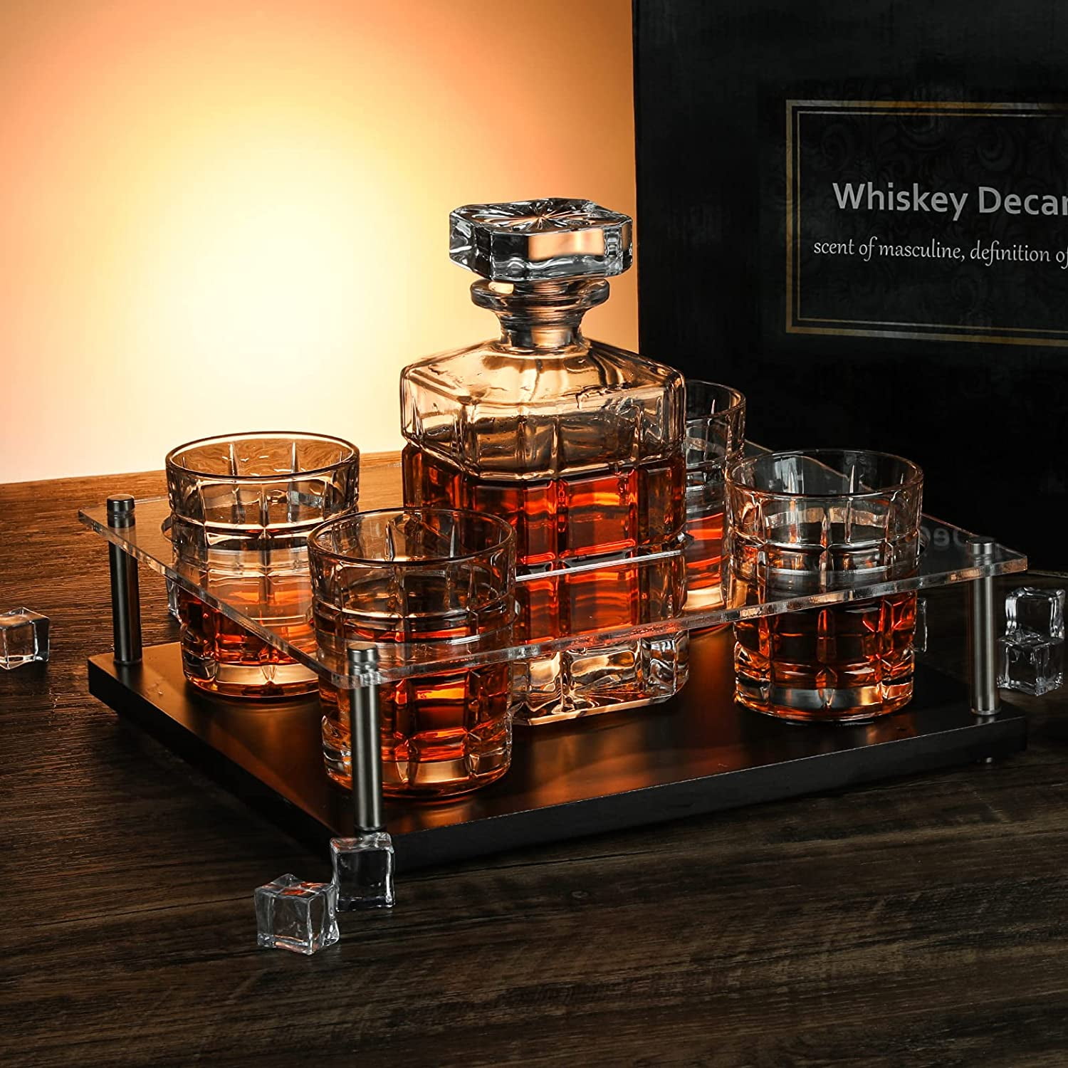 Whiskey Decanter Set With Glasses, Whiskey Glasses Set of 4 with Wooden ...