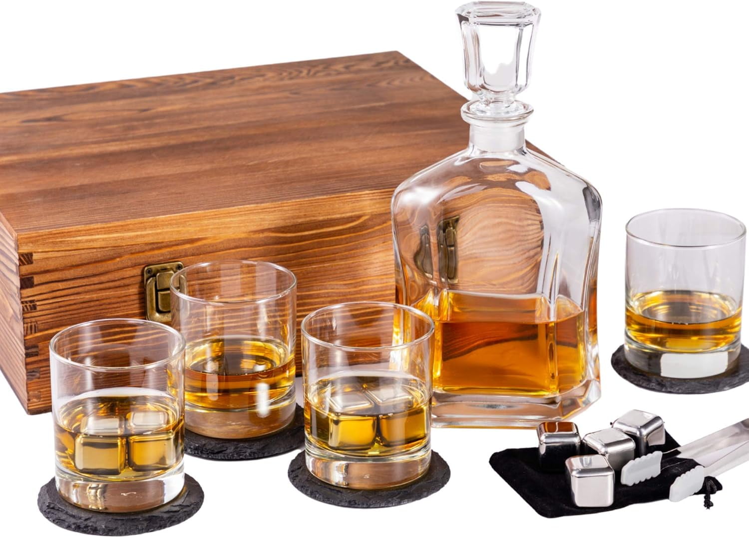 Whiskey Decanter Set in Wooden Gift Box - Includes Decanter, 4 Scotch ...