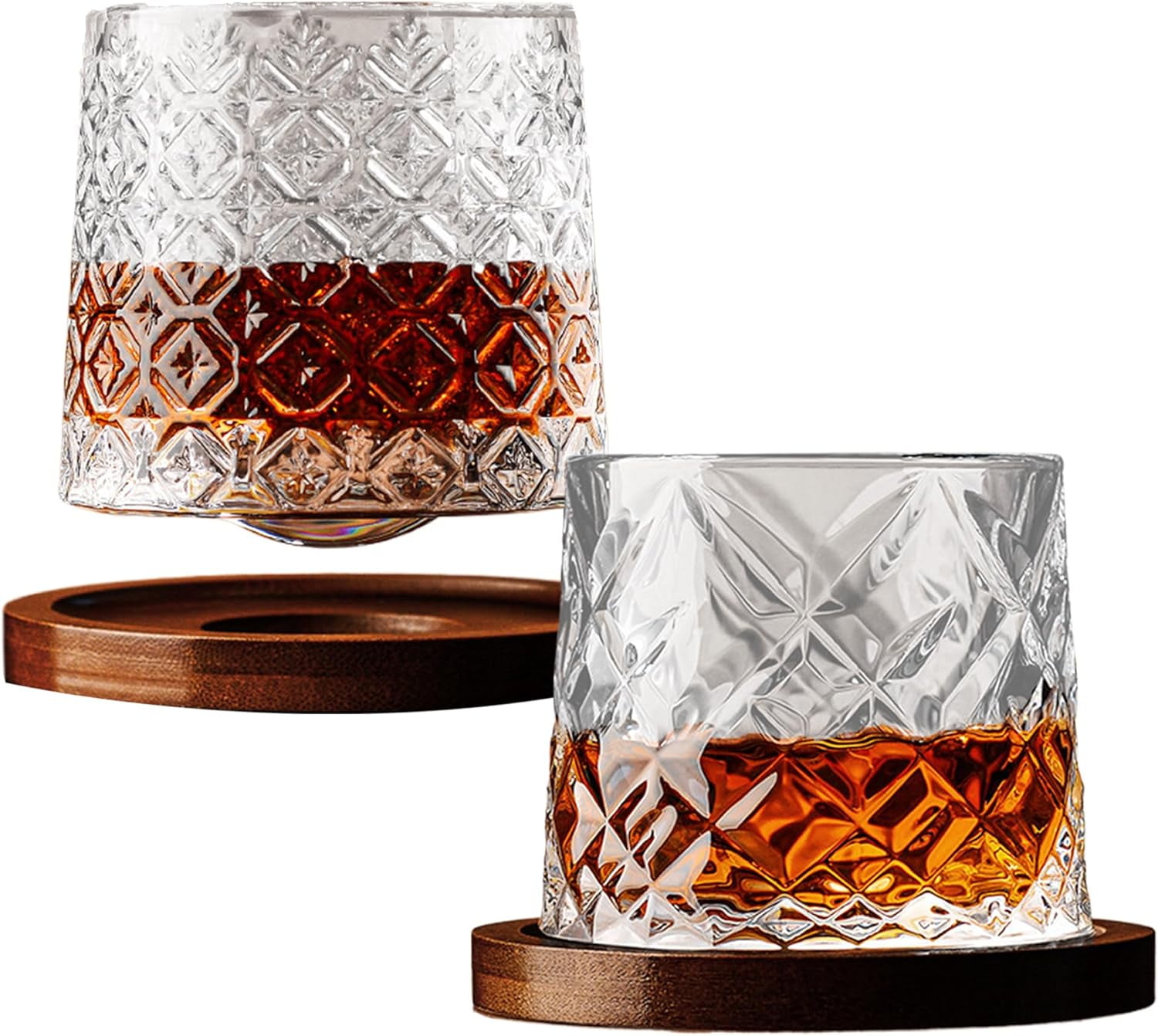 Whiskey Glasses Set of 2:Crystal Whiskey Glasses with Coasters,360 ...