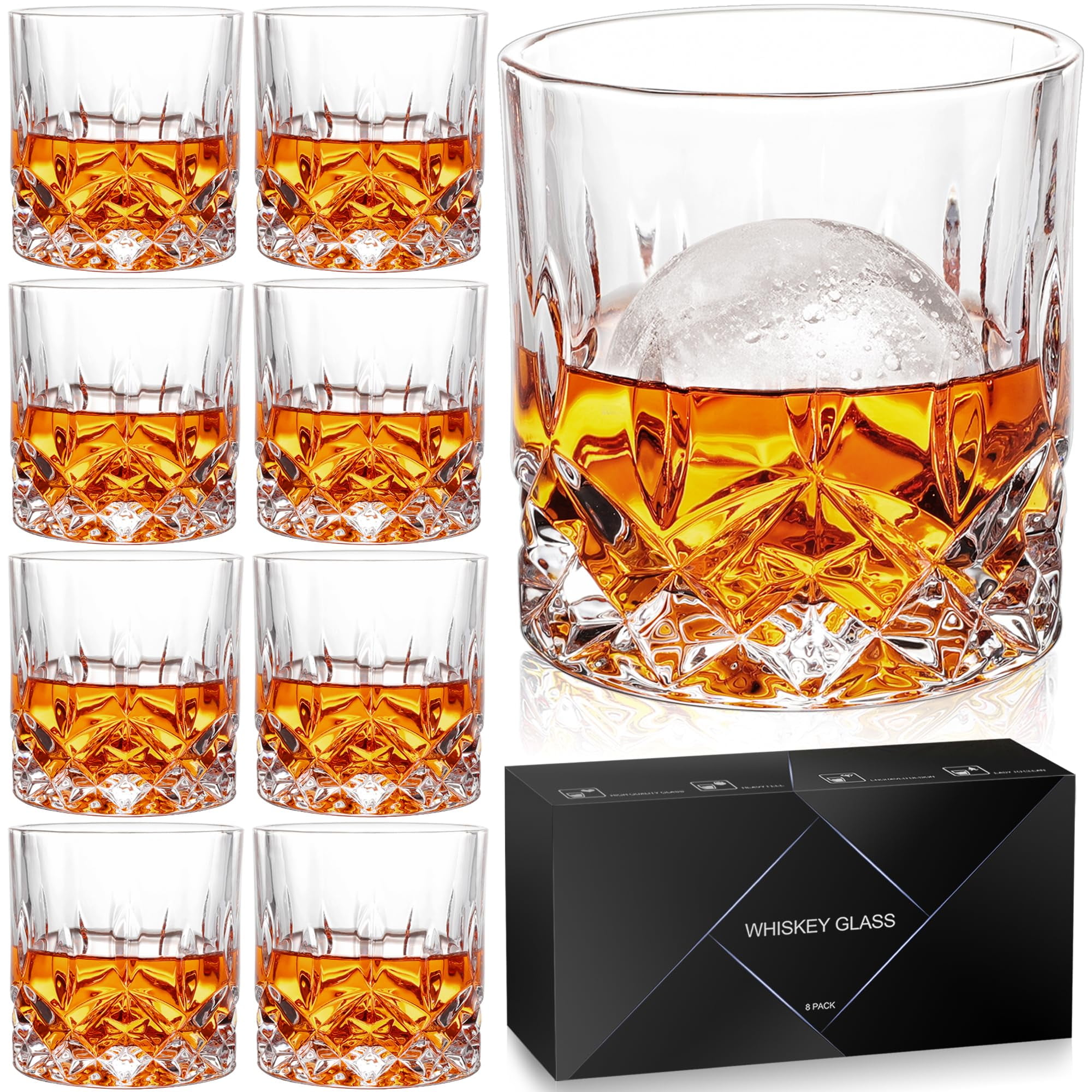 Whiskey Glasses Set of 8, 11 Oz Heavy Base Rocks Glasses for Scotch Bourbon Vodka, Engraved ...