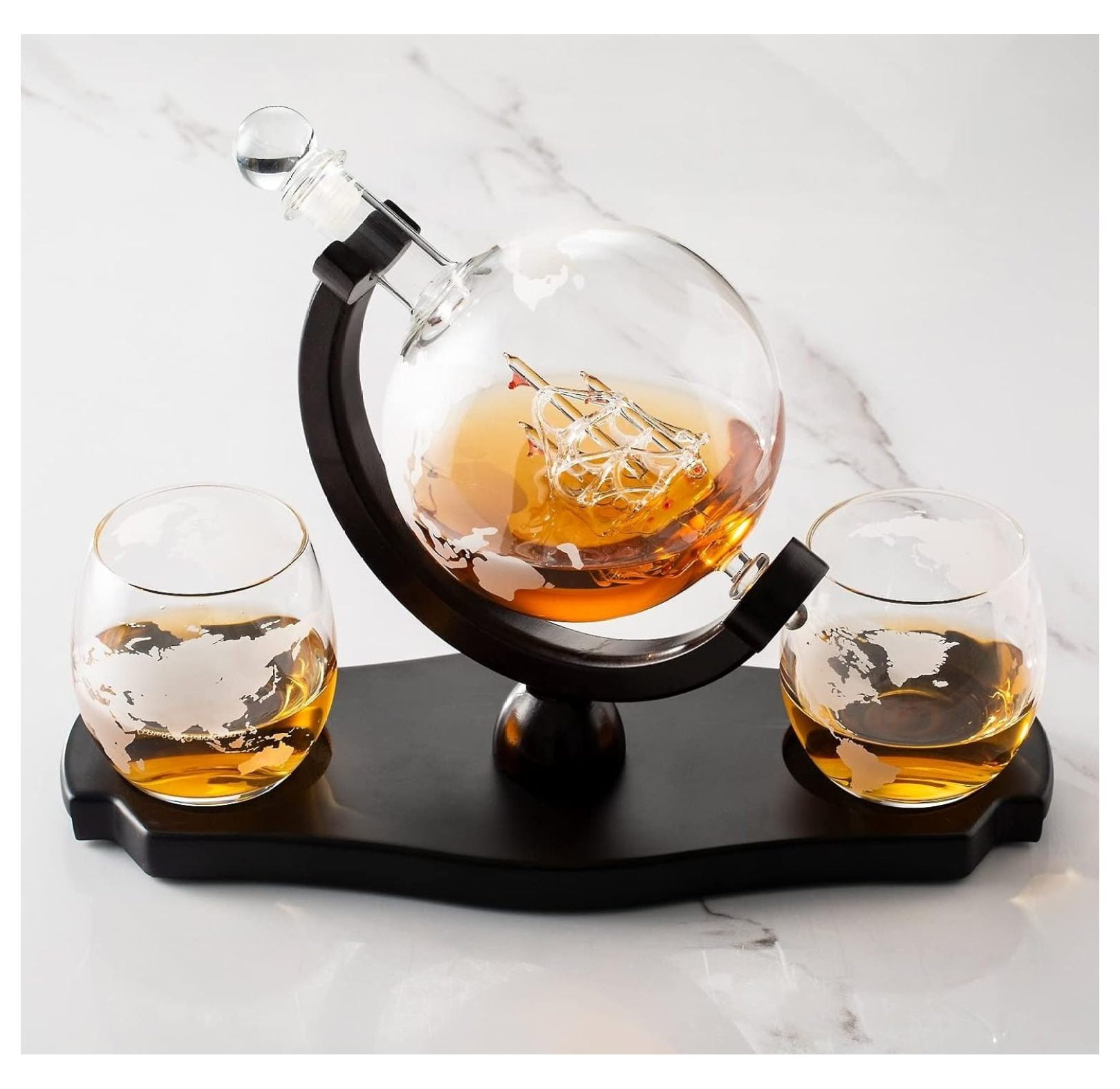 Whiskey Globe Decanter Set with 2 Etched Globe Glasses in Gift Box ...