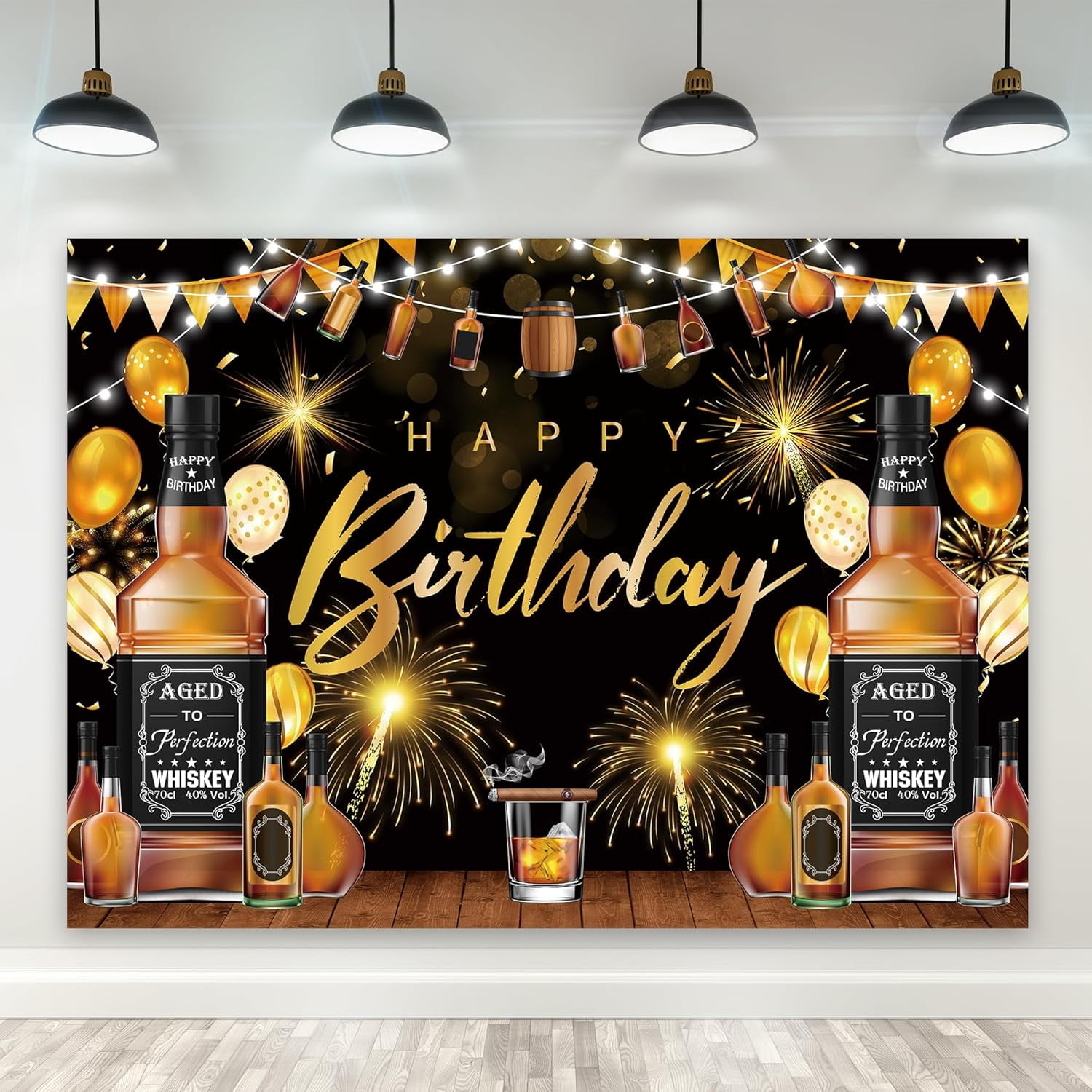 Whiskey Happy Birthday Backdrop for Men Black Gold Balloons Fireworks ...