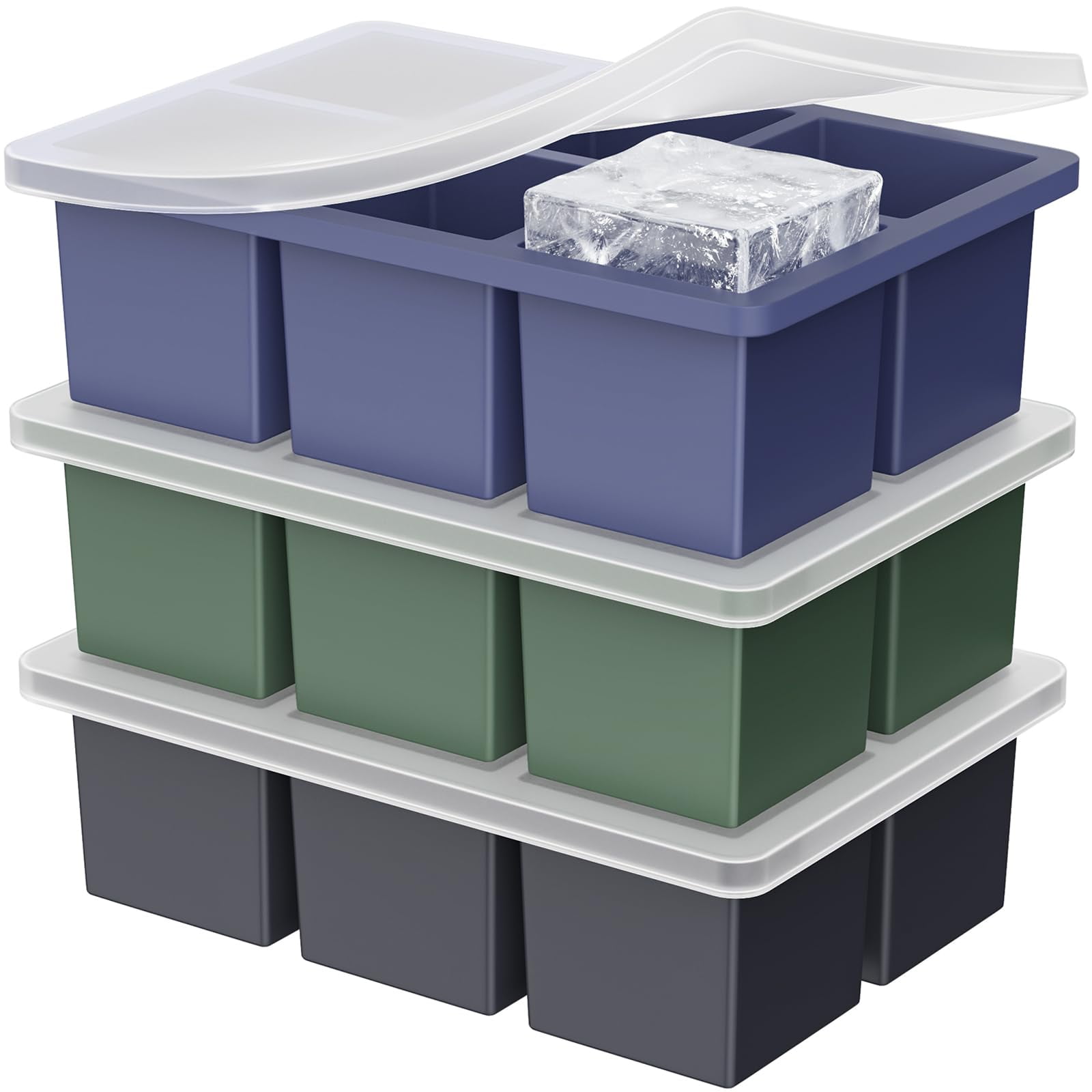 Whiskey Ice Cube Tray 2 Inch Large, 3 Pack Silicone Ice Trays with Lid ...