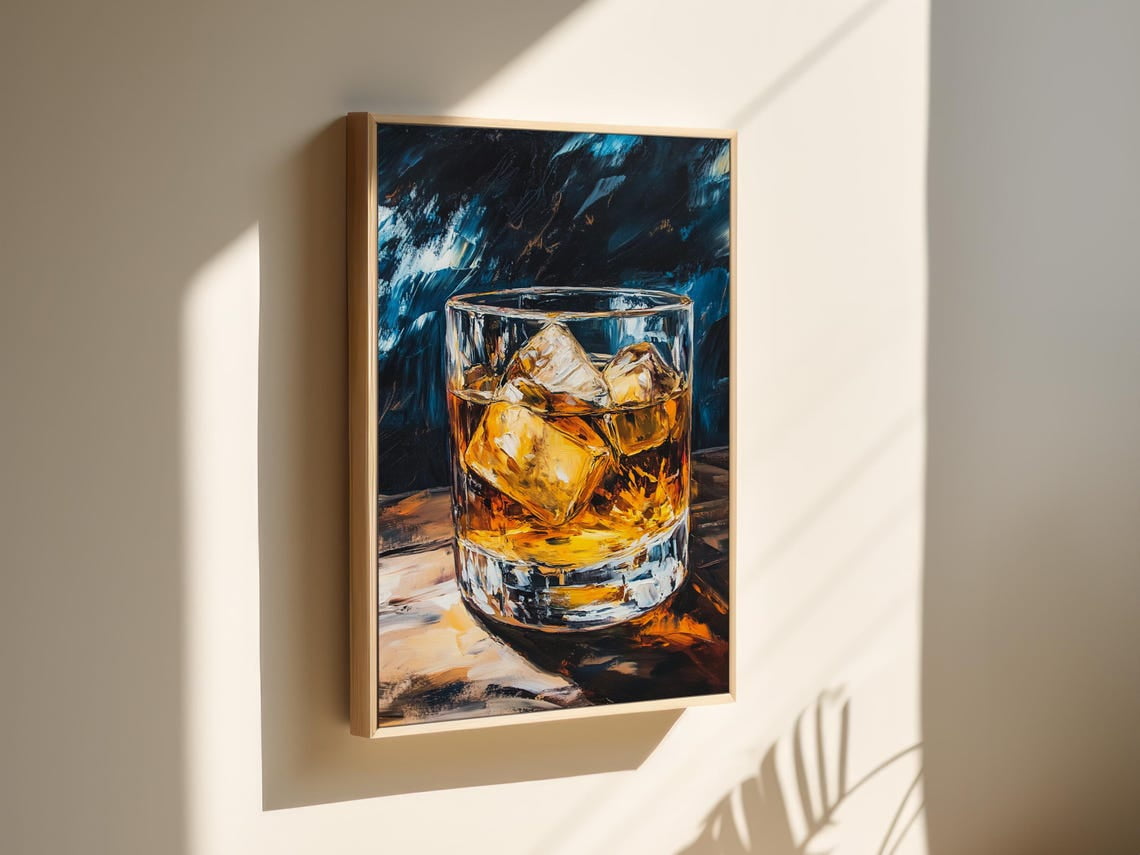 Whiskey With Ice Oil Painting - Vibrant Bar Wall Art, Rustic Whiskey ...
