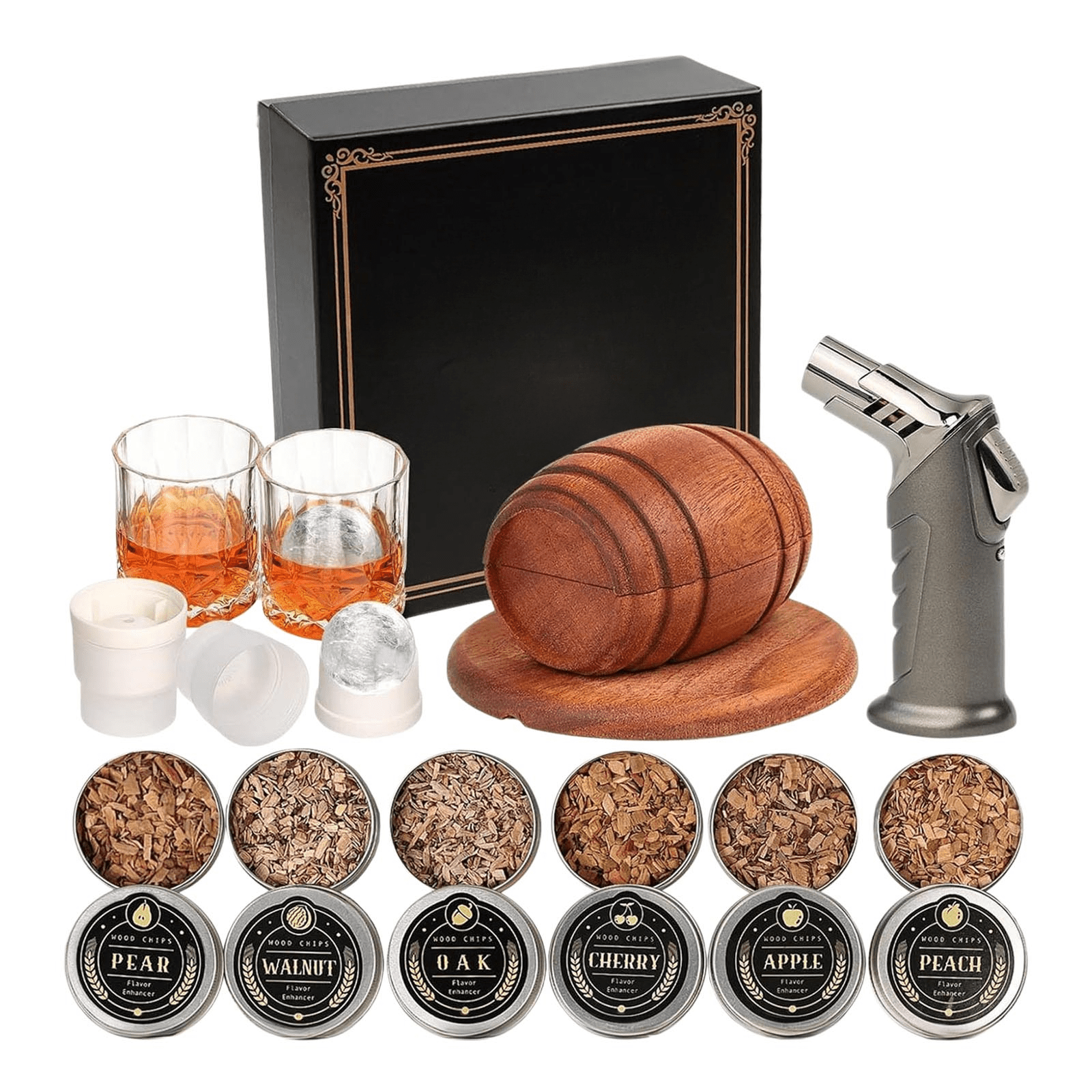 Whiskey Smoker Kit with Torch - 6 Flavors Wood Chips, 2 Glasses, 2 Ice ...