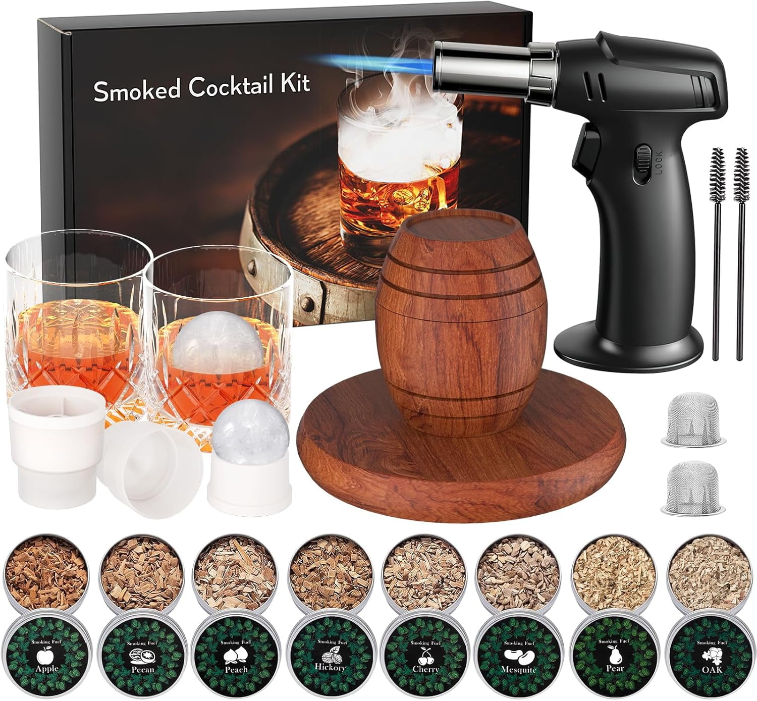 Whiskey Smoker Kit with Torch - 8 Flavors Wood Chips, 2 Glasses, 2 Ice ...