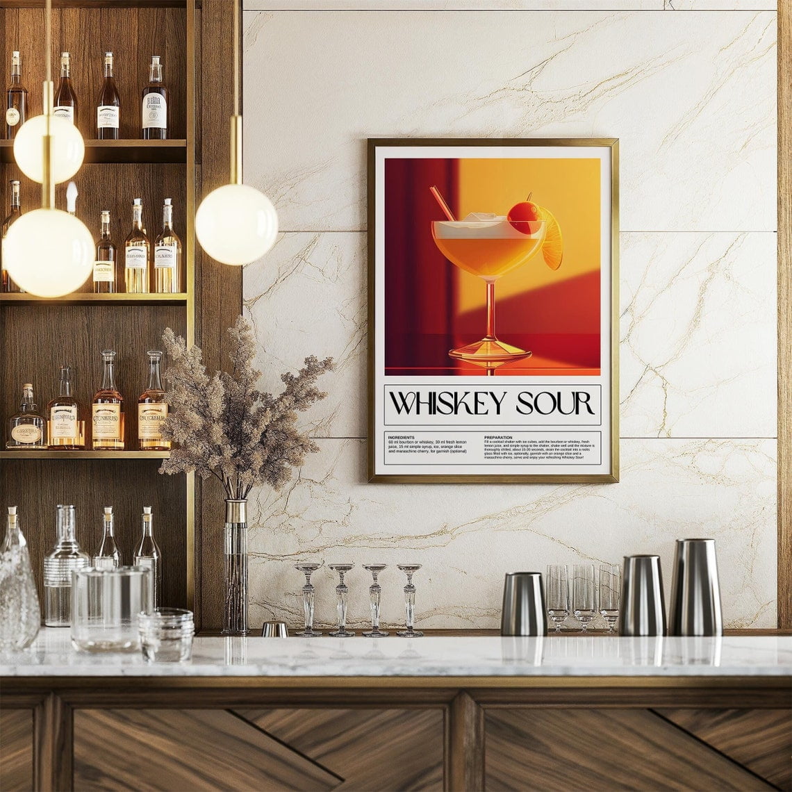 Whiskey Sour Recipe Art Print Bold Cocktail Drink Wall Art For Kitchen ...