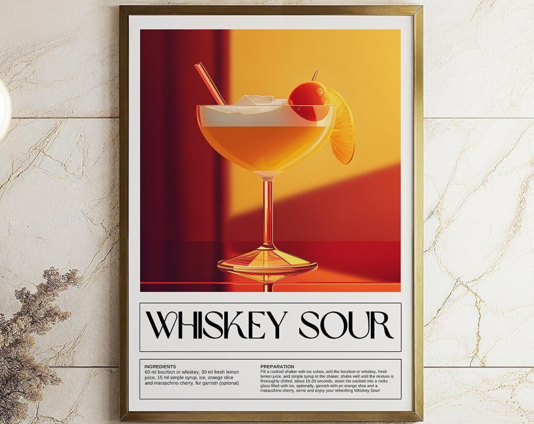 Whiskey Sour Recipe Art Print Bold Cocktail Drink Wall Art for Kitchen ...