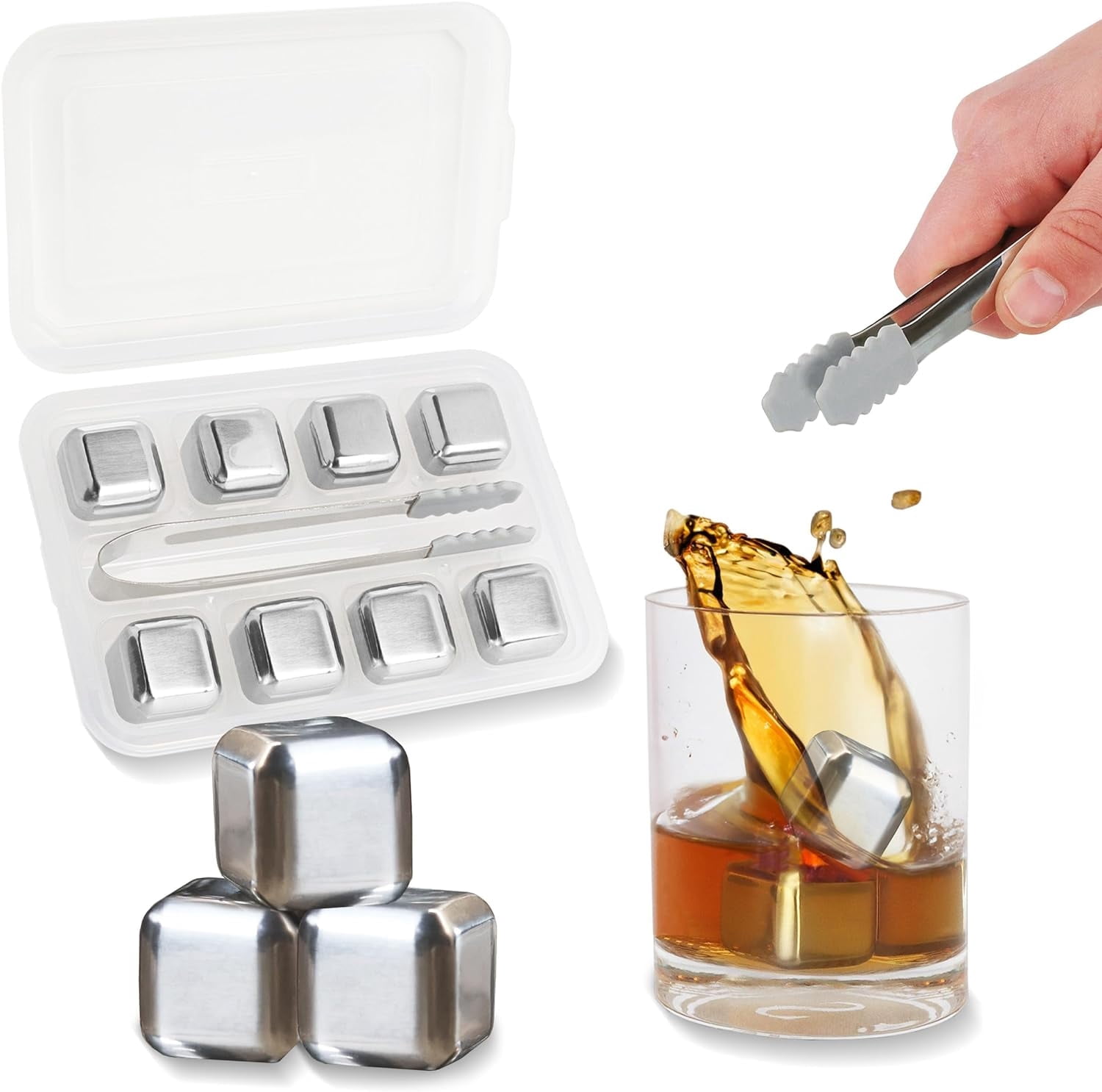 Whiskey Stones Gift Set with 8 Stainless Steel Ice Cubes, Metal ...