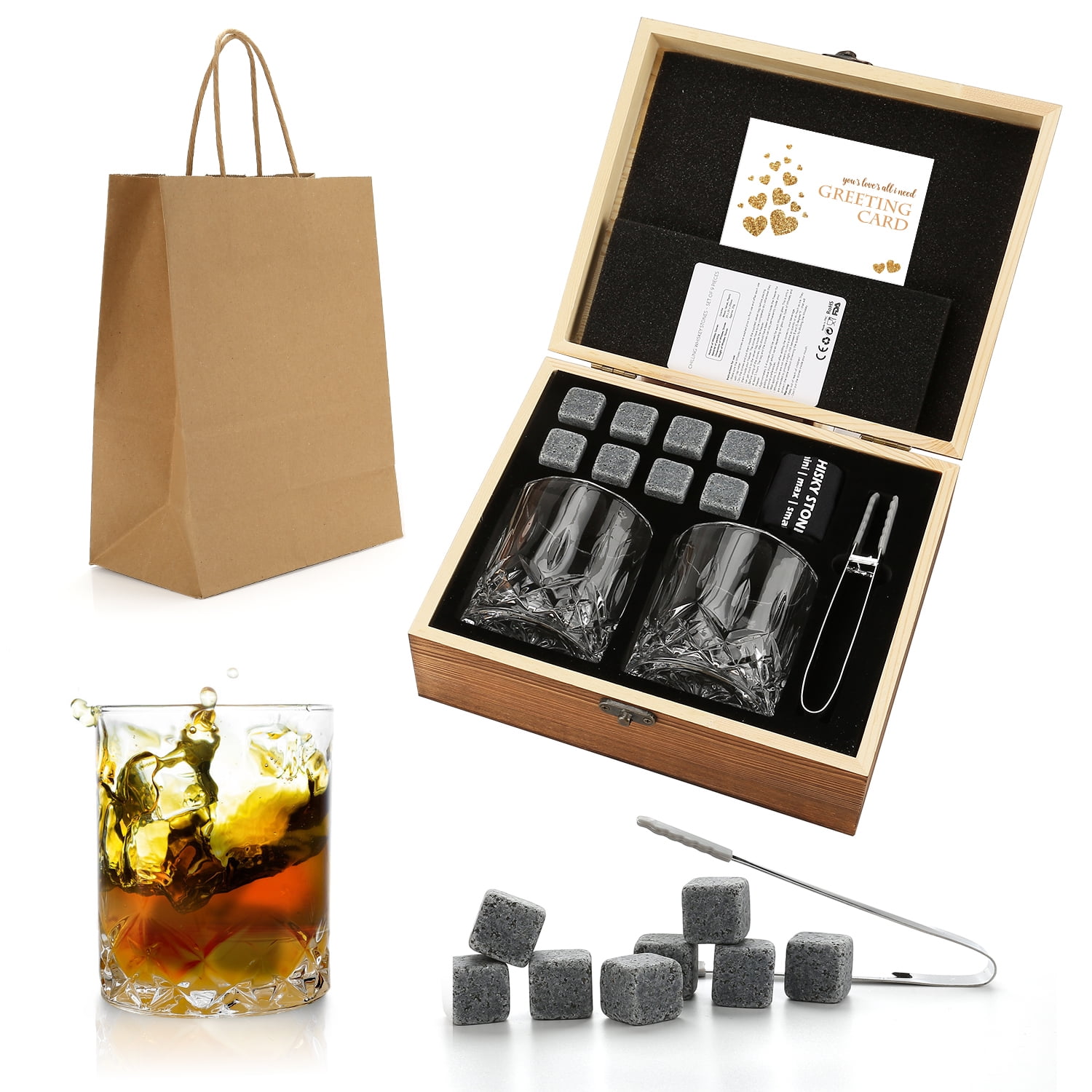 Whiskey Stones Gift Set - Whiskey Glass Set of 2 - Granite Chilling ...