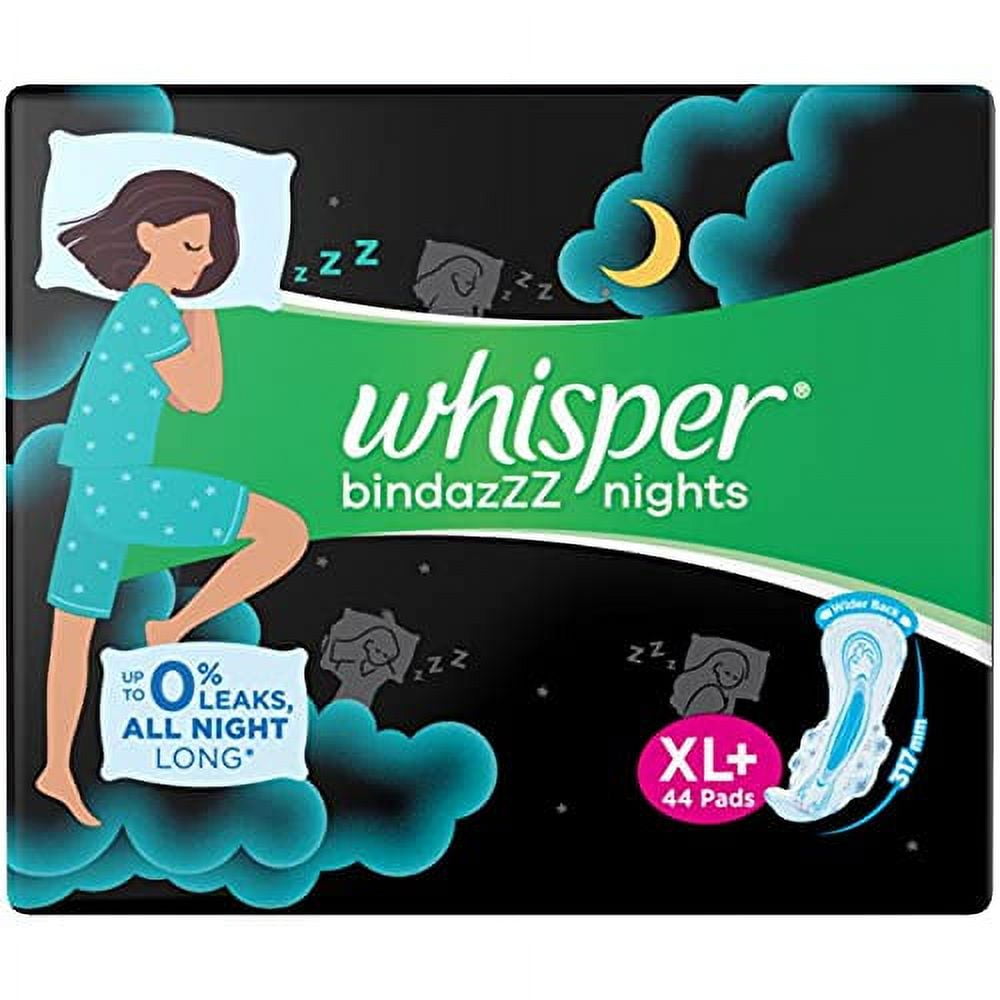 Whisper Bindazzz Night Sanitary Pads|Pack Of 44 Thin Pads|Xl+|Upto 0% Leaks|40% Longer & Wider ...