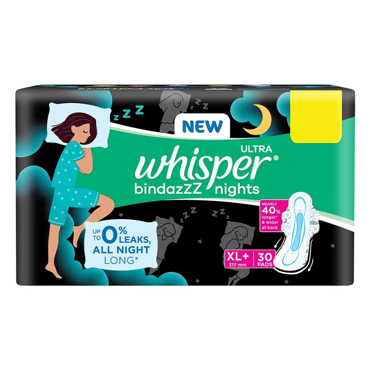 Whisper Bindazzz Nights Sanitary Pads, 30 Xl+ Pads, Upto 0% Leaks All ...