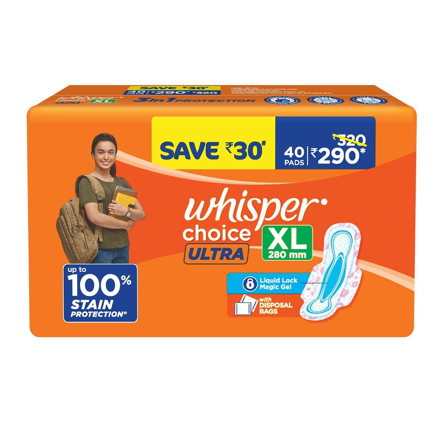 Whisper Choice Sanitary Pads With Wings For Women, Xl, 40S Napkins ...