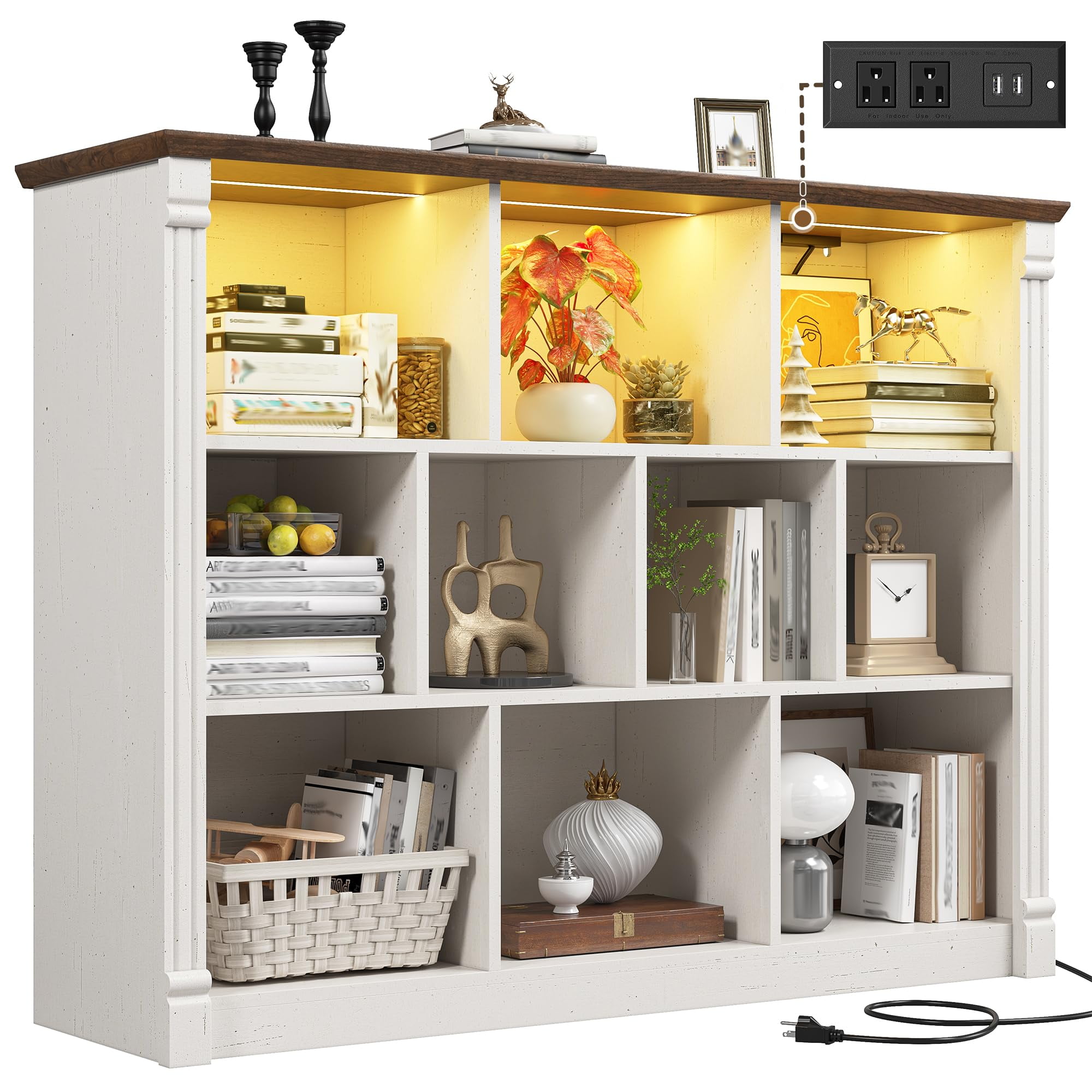White 10-Cube Bookcase with Built-In LED Strips and USB Charging ...