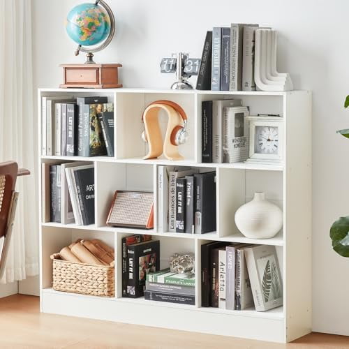 White 10 Cube Bookshelf,3 Tier Modern Horizontal Bookcase,Wooden Low ...