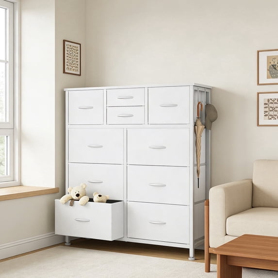 White 10-Drawer Dresser with Side Pocket & Hooks, Storage Cabinet with ...