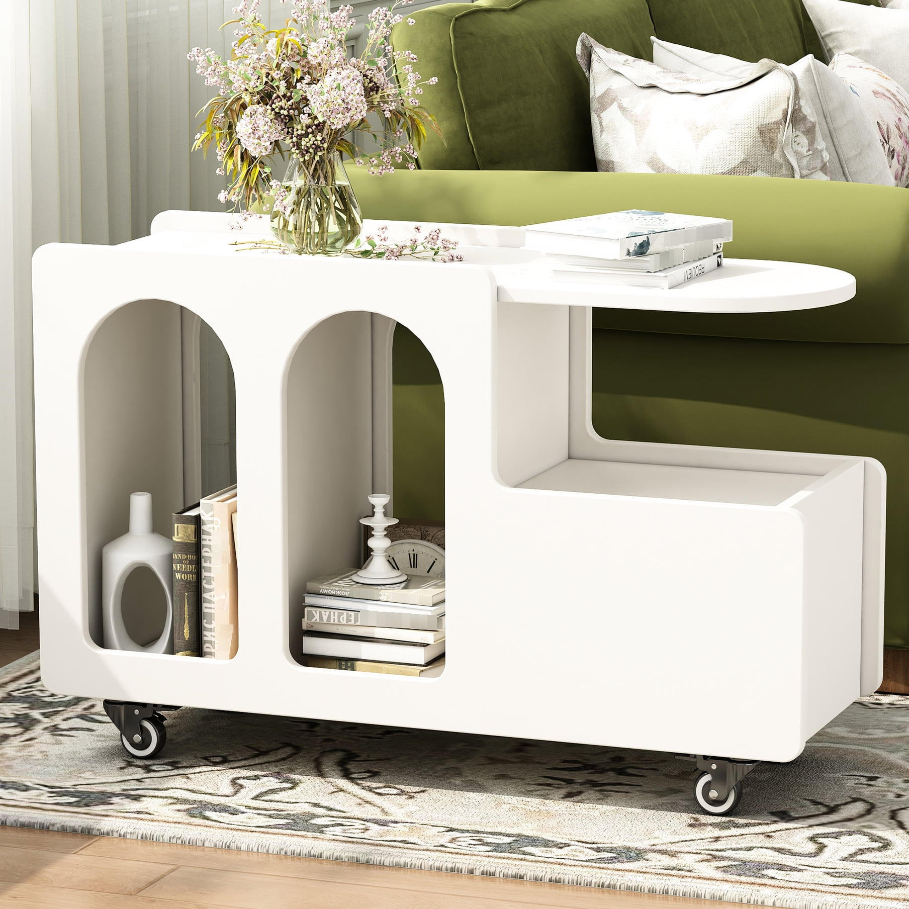 White 11.8inch Narrow Nightstand With Cream Style, Lockable Wheels ...