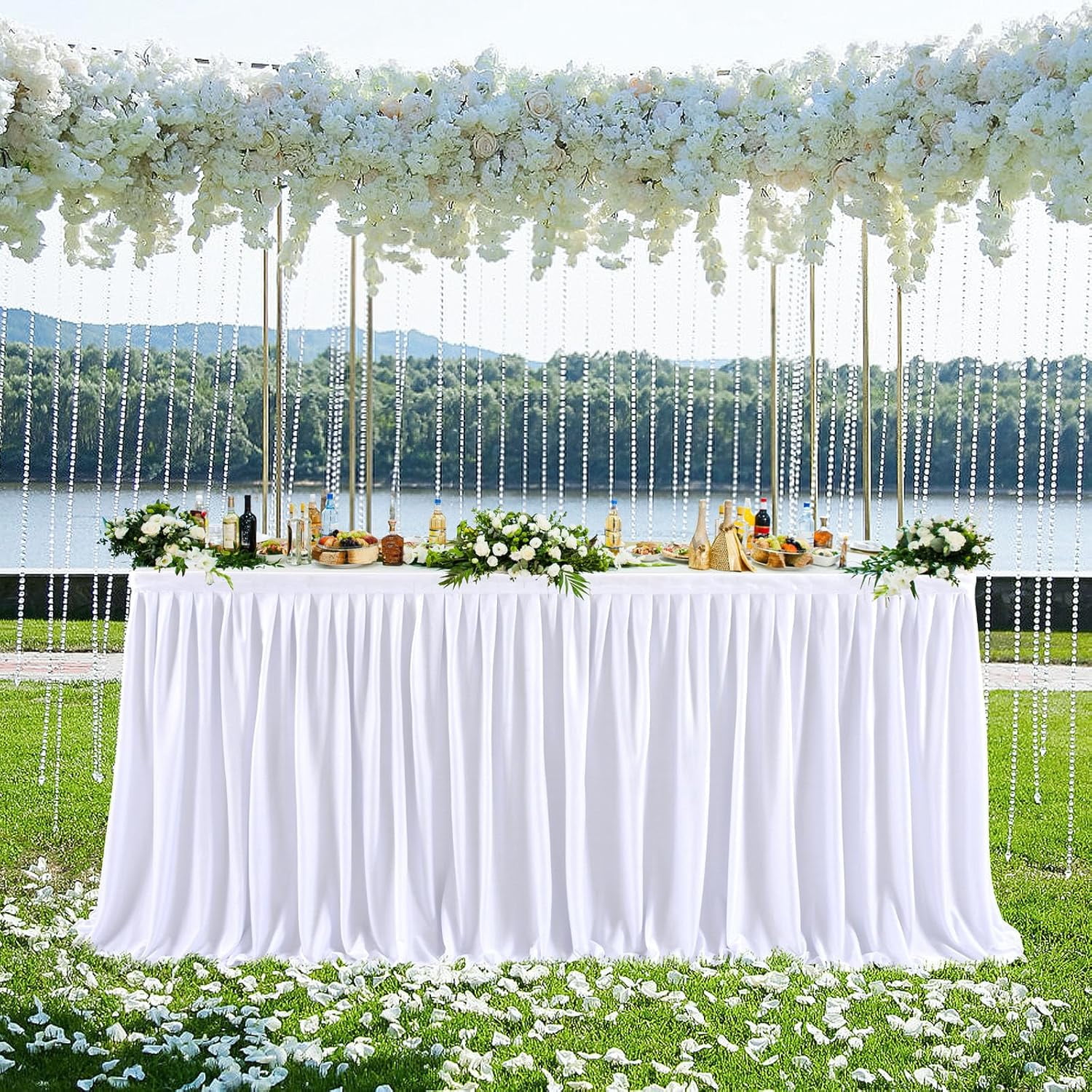White 12ft Table Skirts for Happy Birthday Party, Ruffle Table Cloth ...