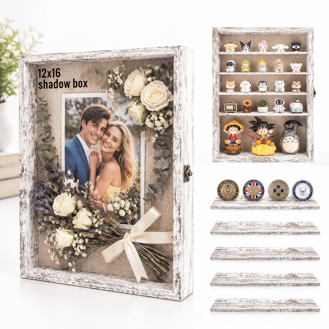 White 12x16 Wooden Shadow Box Frame with Removable Shelves Deep Display ...