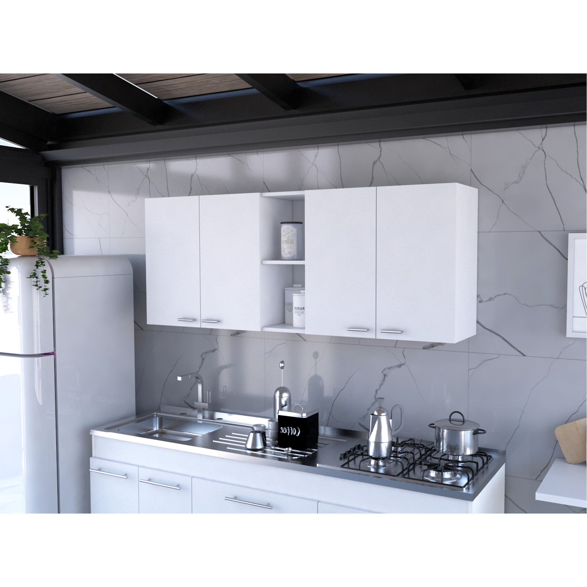 White 150 Wall Cabinet - Double Door, Two Outer & Inner Shelves 4 Door ...