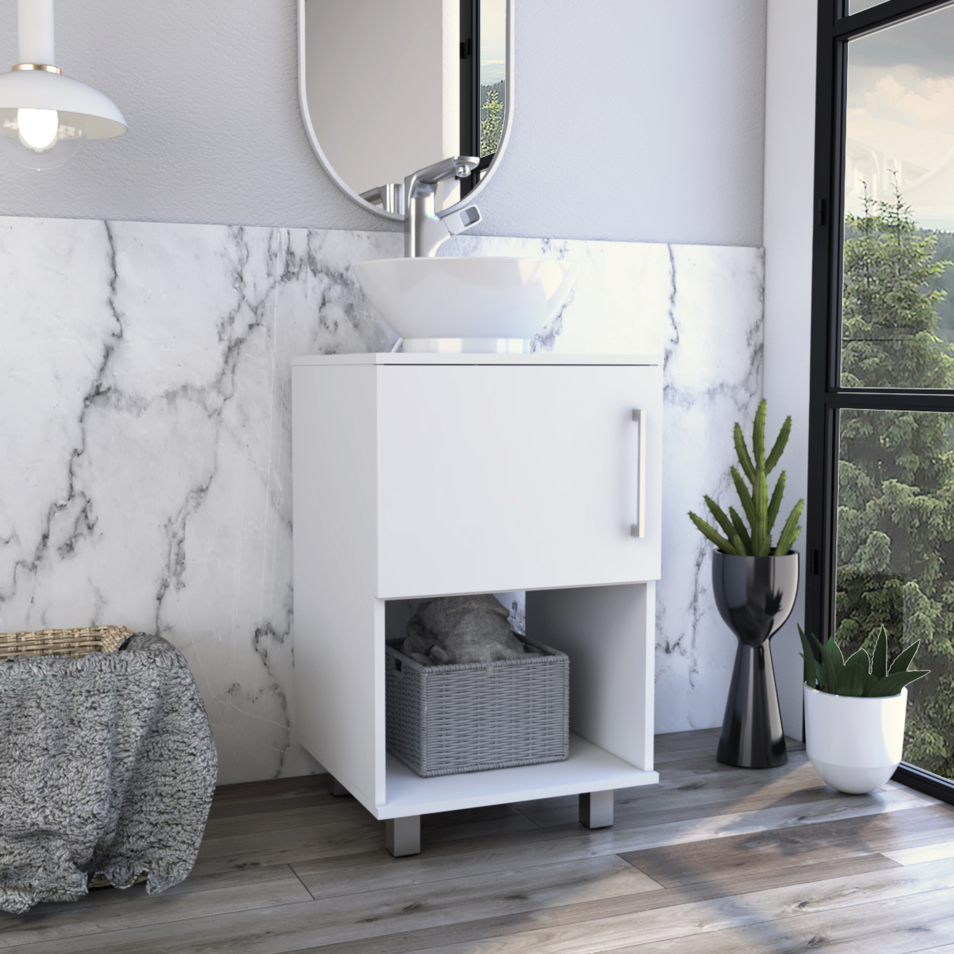 White 18" Bathroom Vanity, Modern, With One Open Shelf And Single Door ...