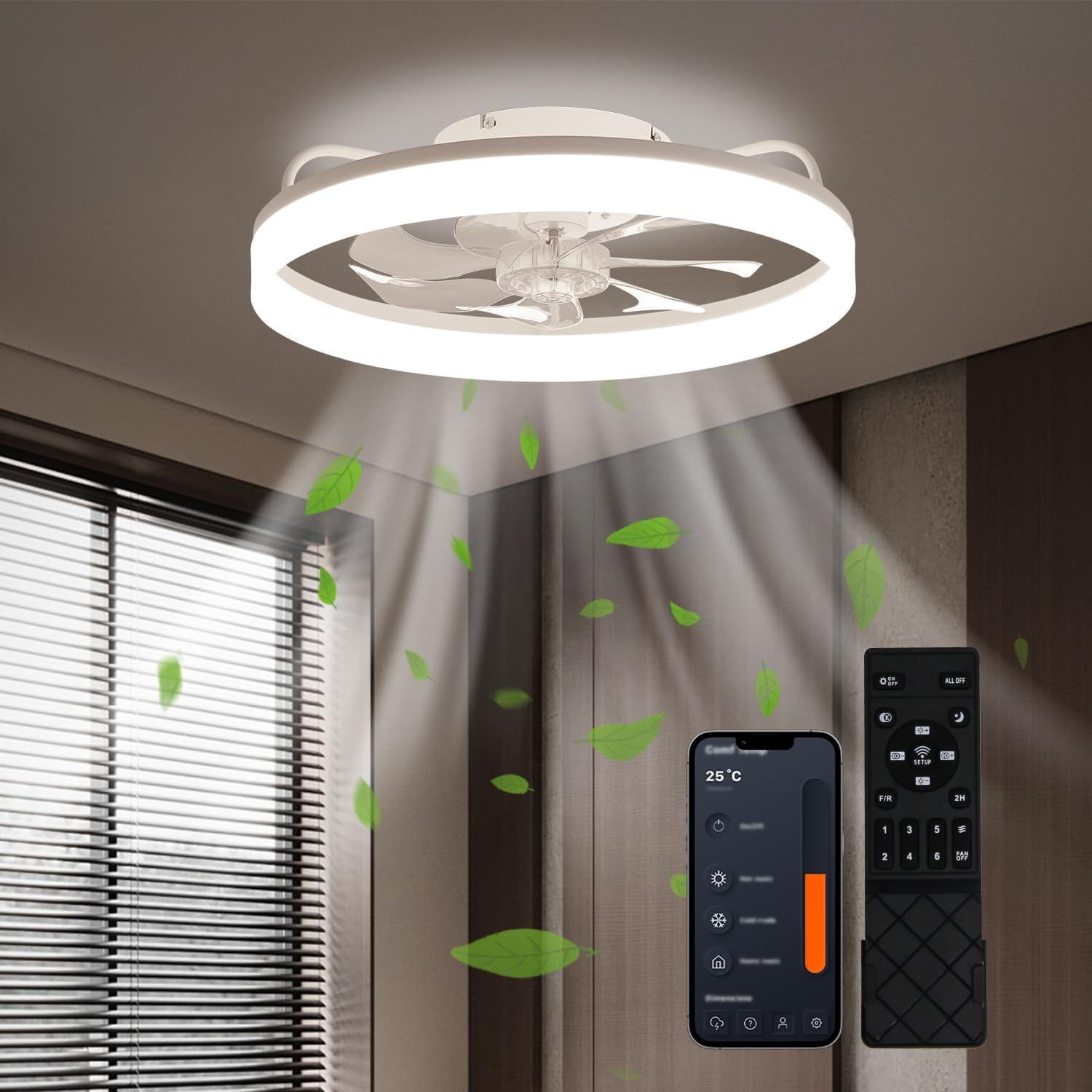 White 19.7" Modern Low Profile Ceiling Fan with LED Light and Remote ...