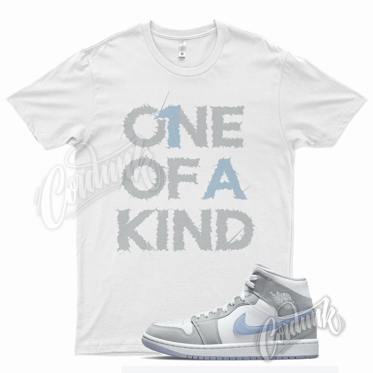 White 1OAK T Shirt for Air J1 1 Mid Wolf Grey Aluminum Hyper Royal Blue ...