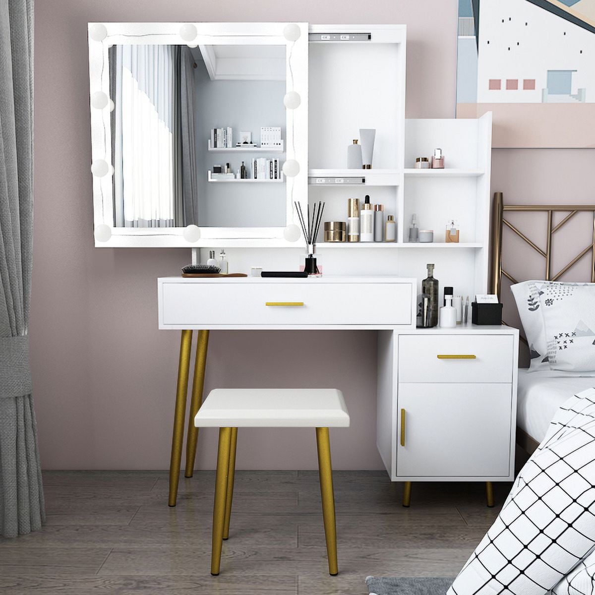 White 2-Drawer 1-Door Dressing Table Set with Mirror Cabinet, 3-Color ...