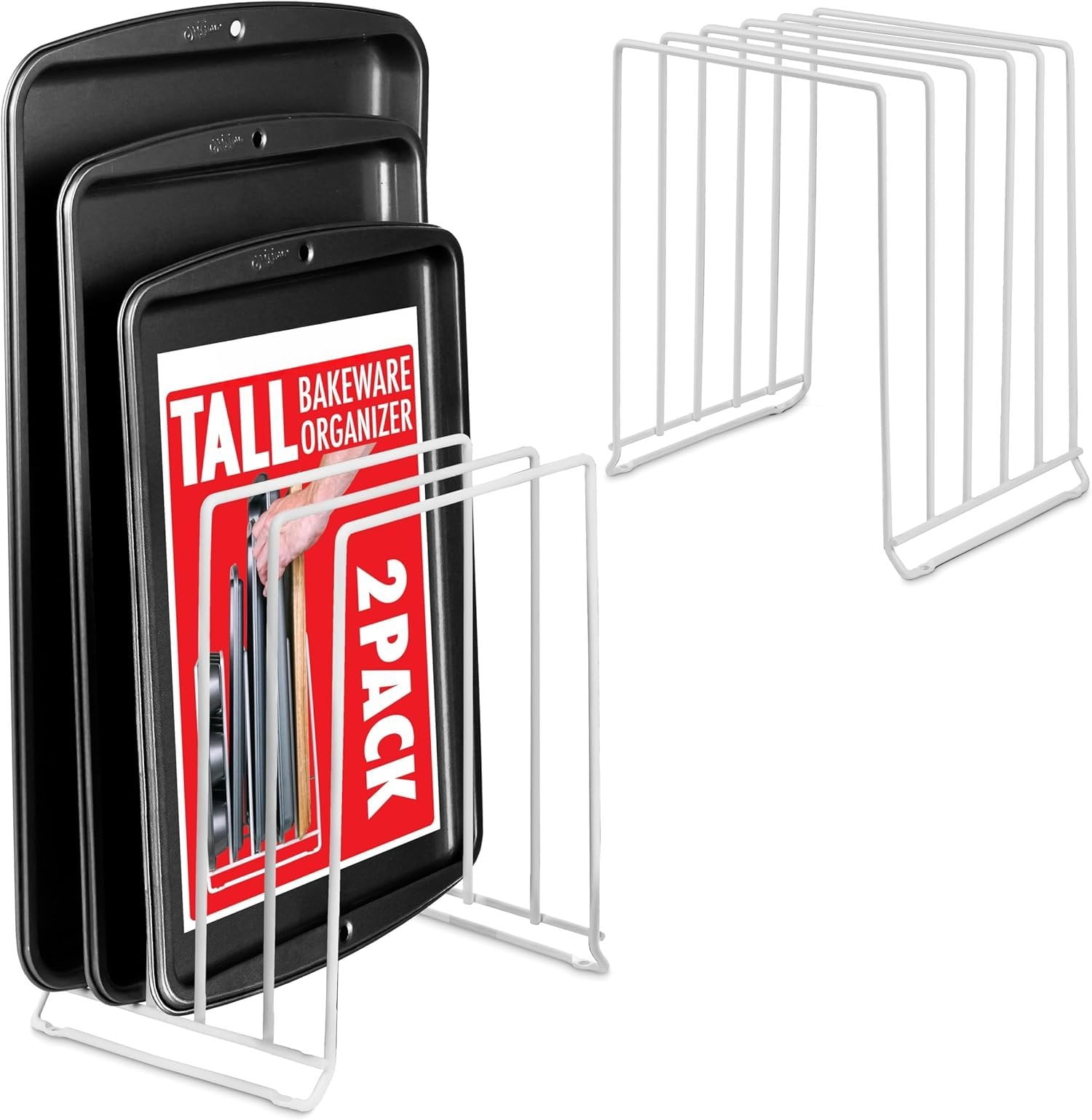 White (2 ) Extra Tall Baking Pan Organizer Rack for Cabinet Storage or ...