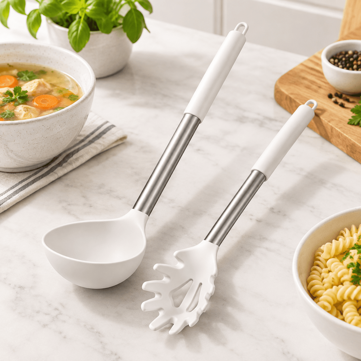 White 2-Pack Silicone Soup Ladle And Pasta Spoon Kitchen Utensil Set ...