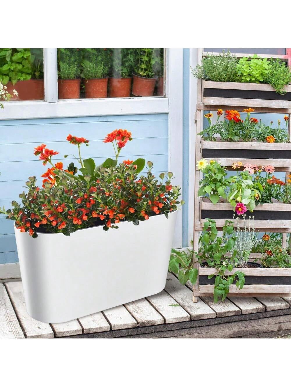 White 2 Pack Tall Oval Planter Box With Wheels Modern Flower Pots With ...