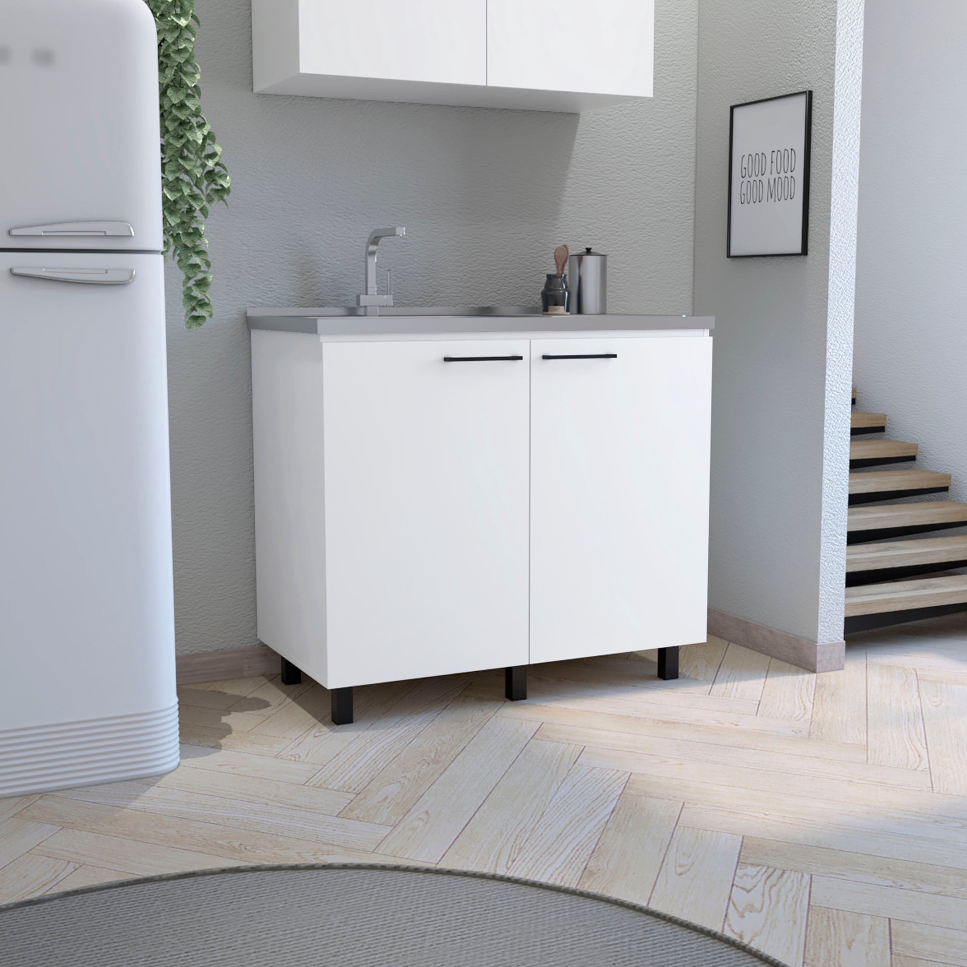 White 2 Sink Cabinet For Utility, Stainless Steel Countertop & Interior ...