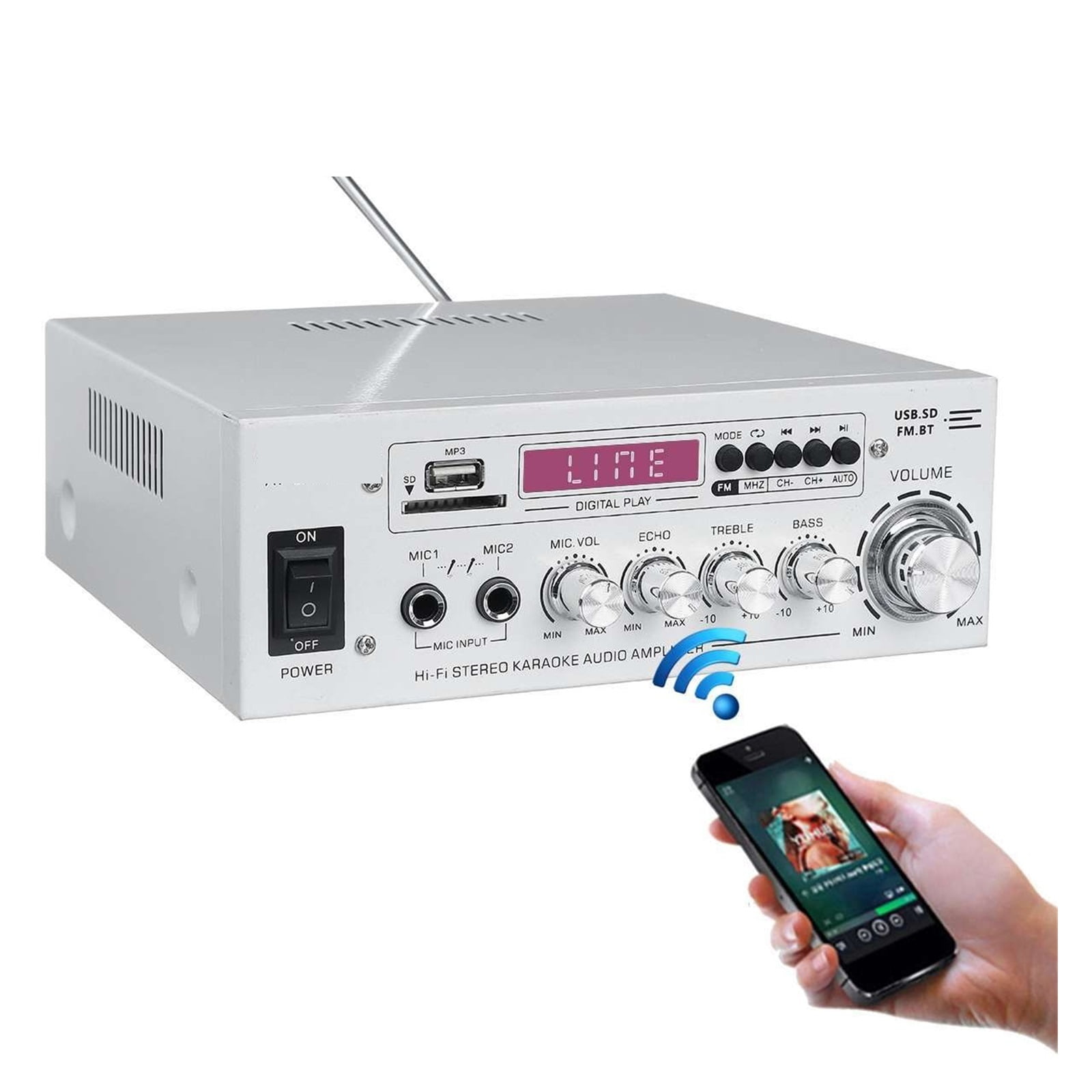 White 2000W Power Amplifier 2.0 Channel Home Theater Amplifiers DC 12V Support EQ FM SD USB 2 ...