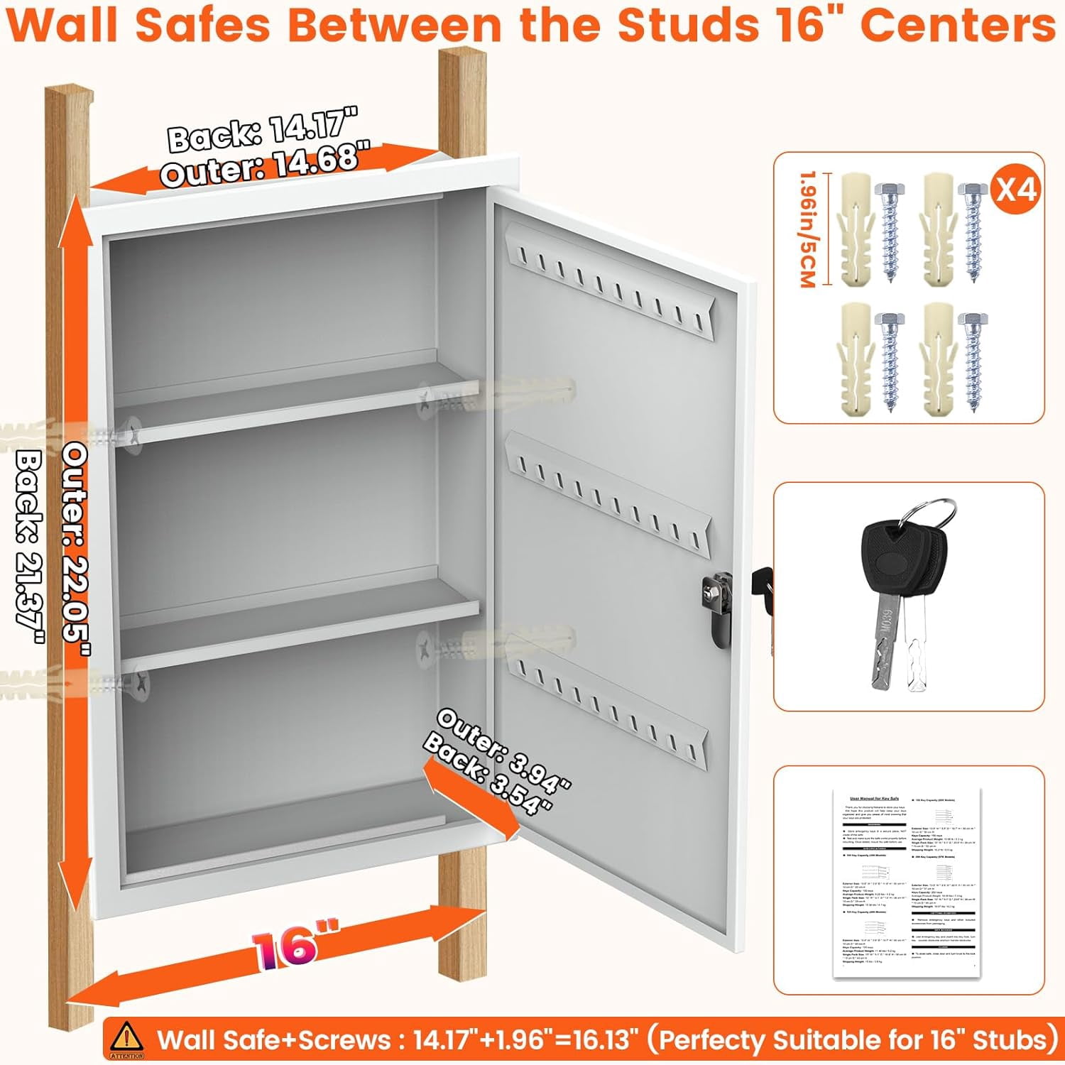 White 22.05" Tall Wall Safes Between the Studs with Removable Shelf ...