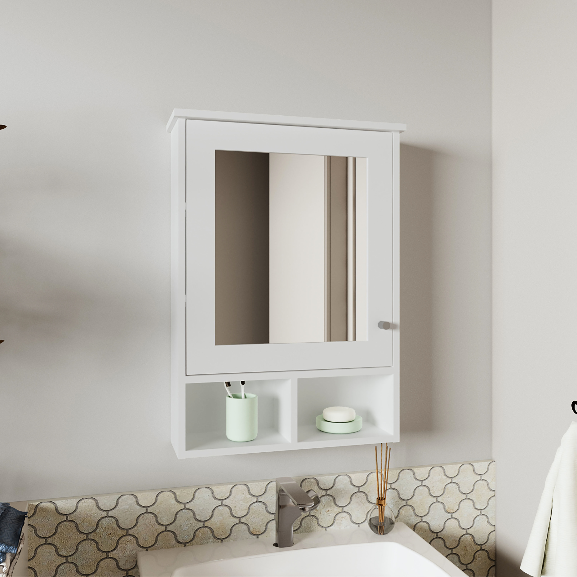 White 29" H Medicine Cabinet. 5 Shelves, 1 Door With Mirror. Engineered ...