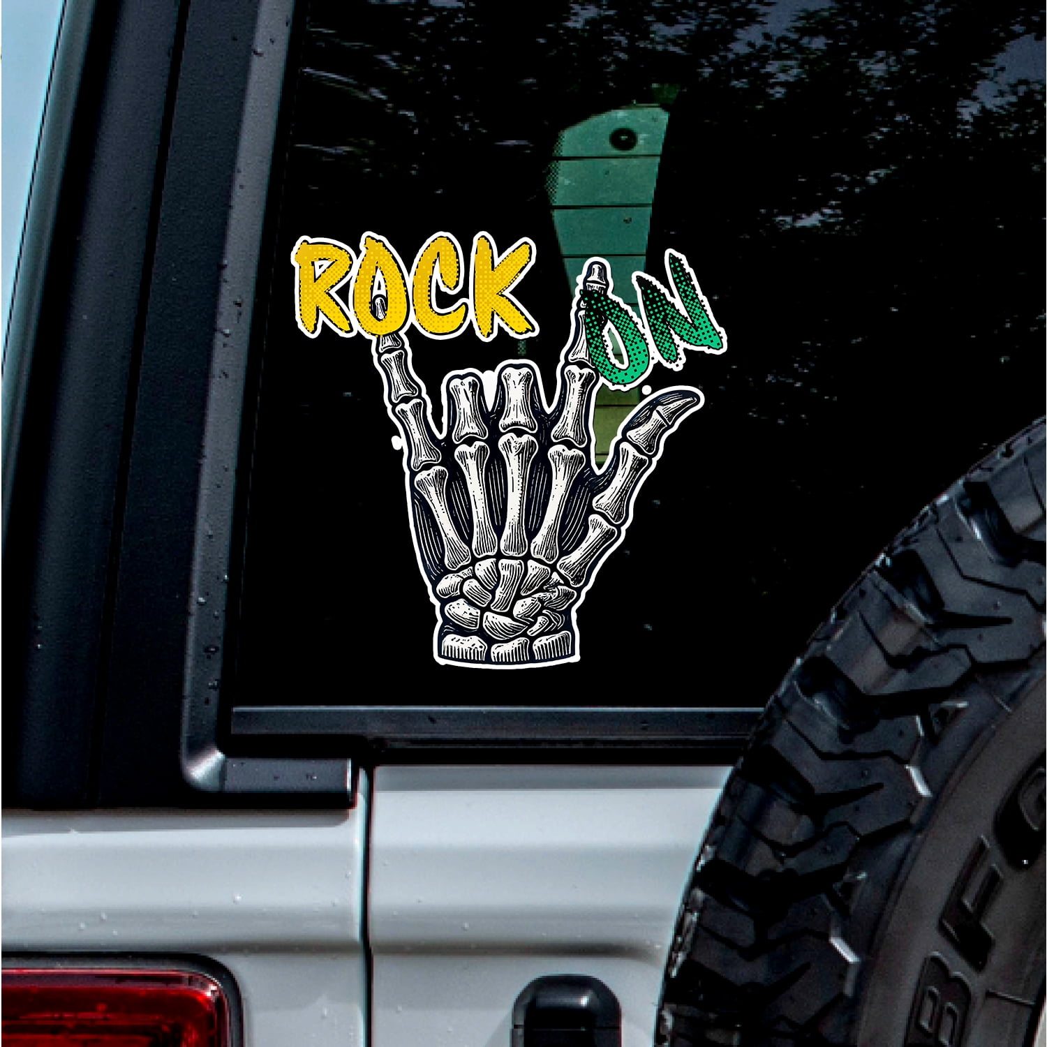 (White, 3.8'' X 3.8'') Sticker Of Skeleton Rocker Hand Corna Devil Horn ...