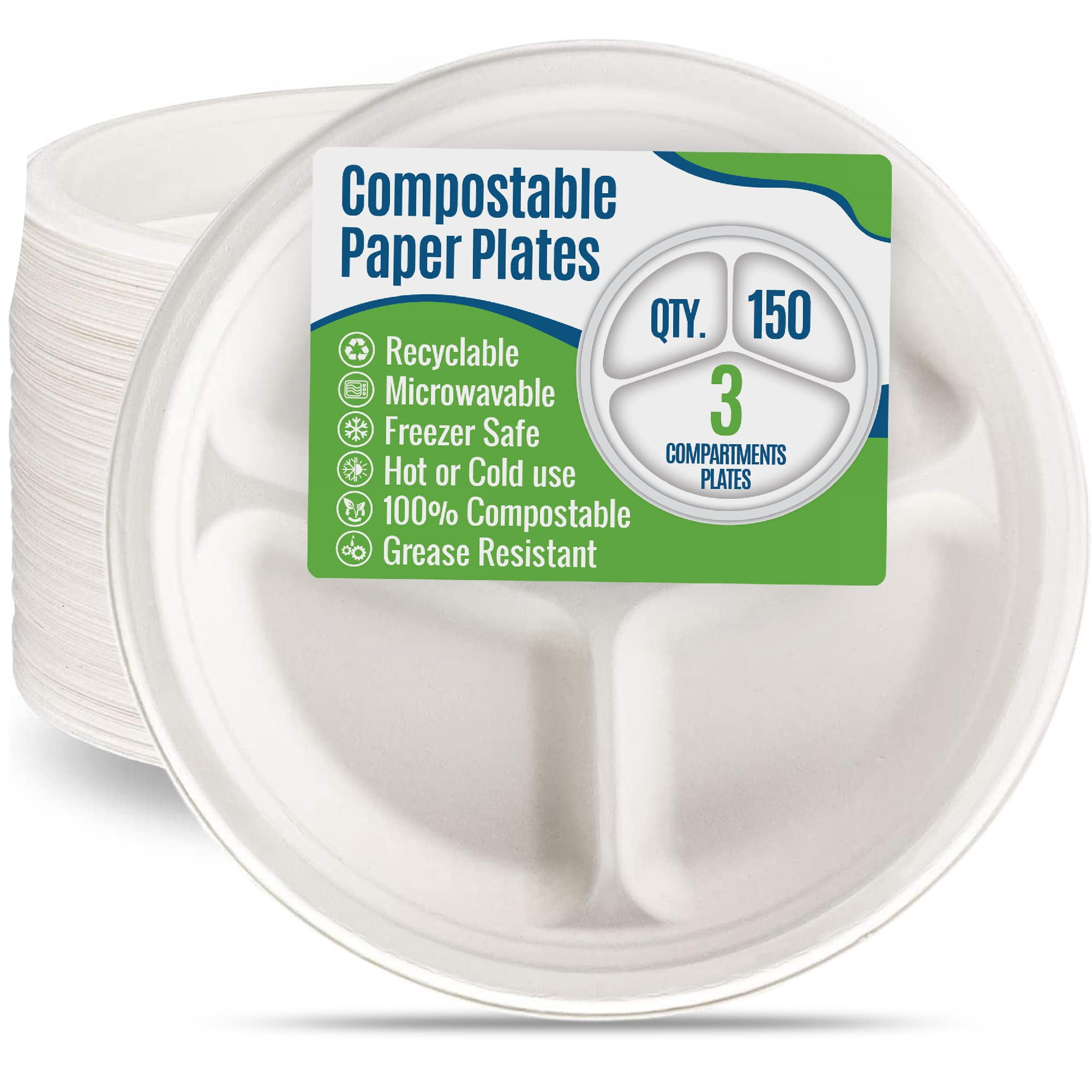 White 3 Compartment Paper RRF12 Plates, 9 Inch, 150 Count - Food Grade ...