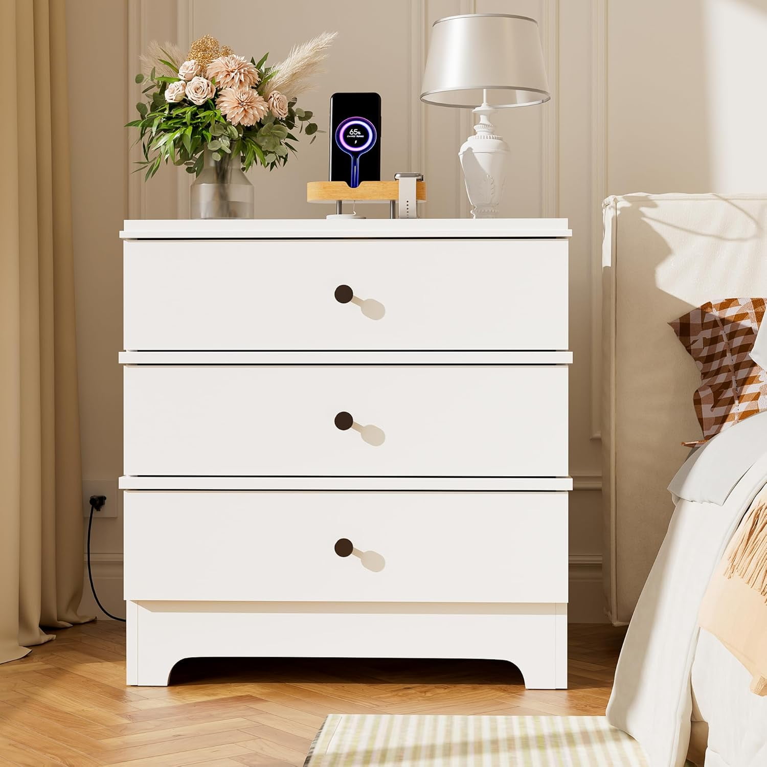 White 3 Drawers Nightstand with Charging Station, Night Stand & Modern ...