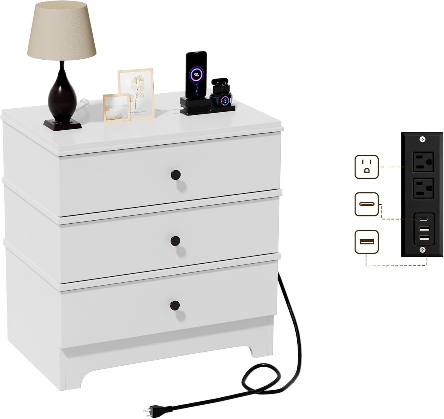 White 3 Drawers Nightstand with Charging Station, Tall Night Stand ...