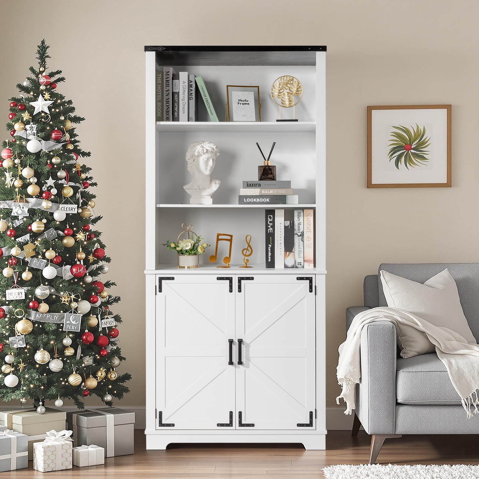 White 3-Layer Display Cabinet with 2 Doors, Double Z-Shape Design ...