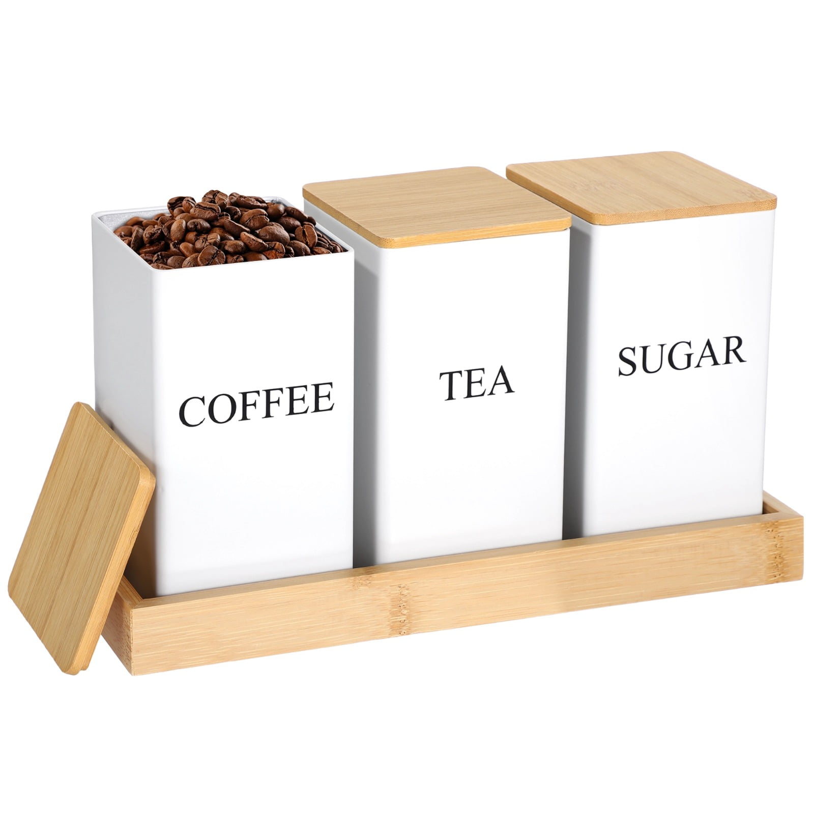 White 3-Piece Canister Set with Tray, Iron Tea, Coffee, Sugar ...
