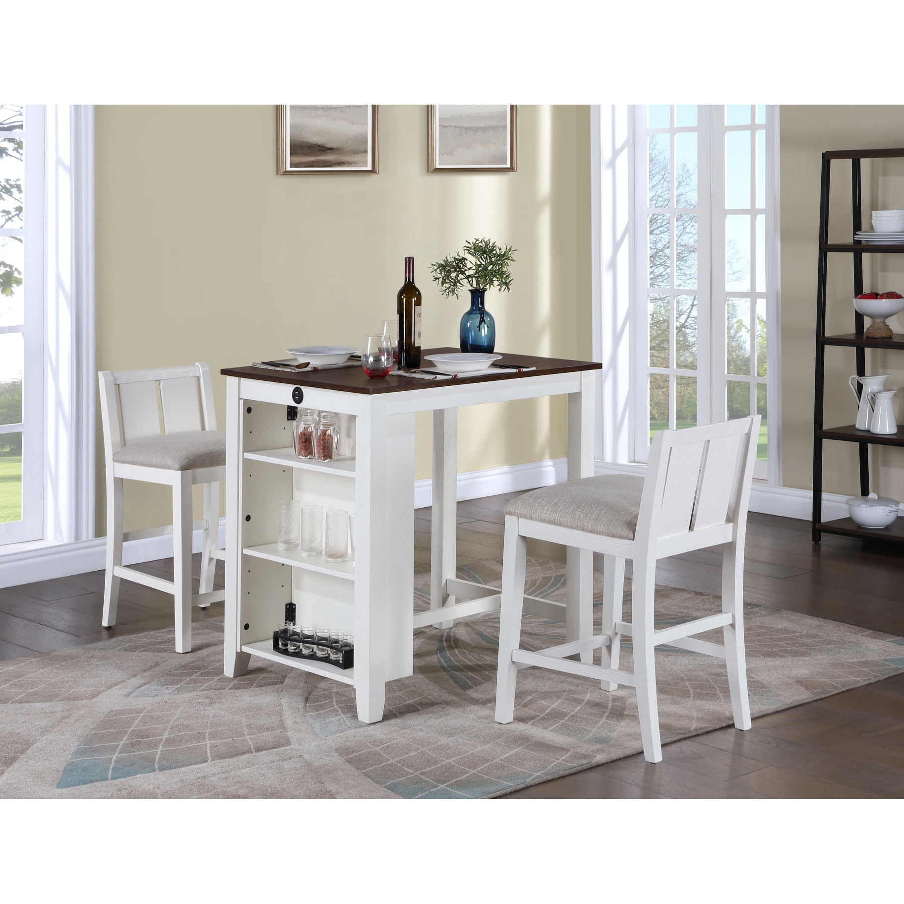 White 3-Piece Counter Height Dining Table with Shelves 2 Cream Chairs ...