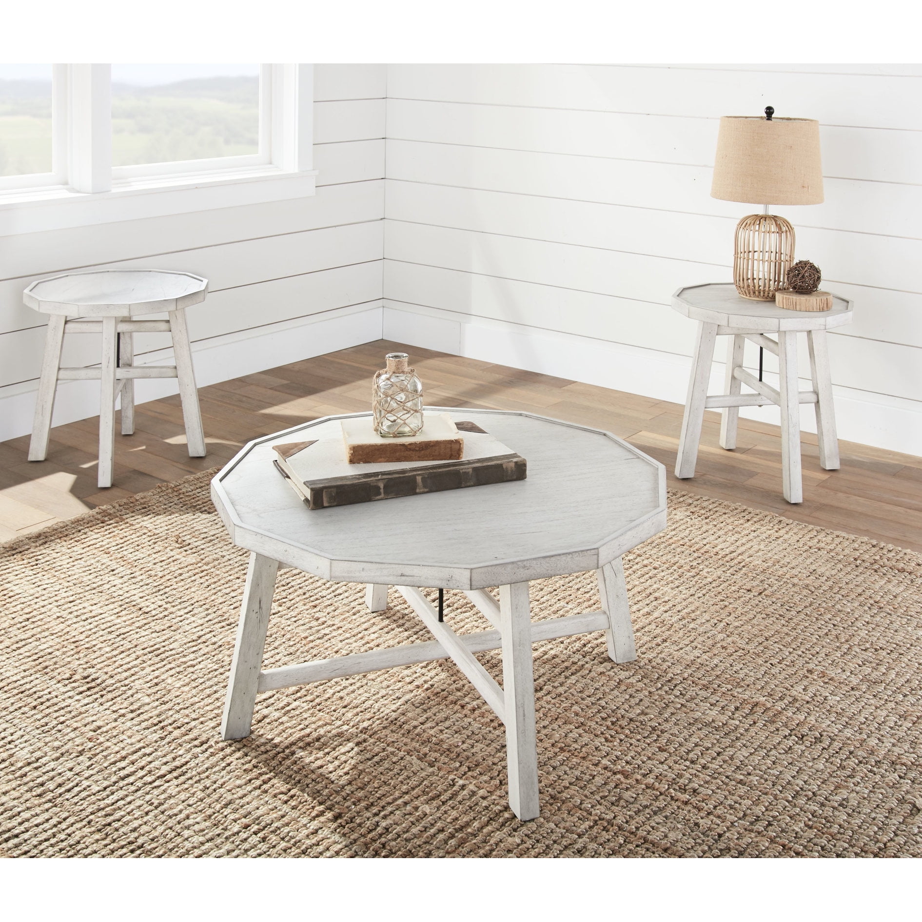 White 3 Piece Table Set with Round Cocktail and End Tables Suited for ...