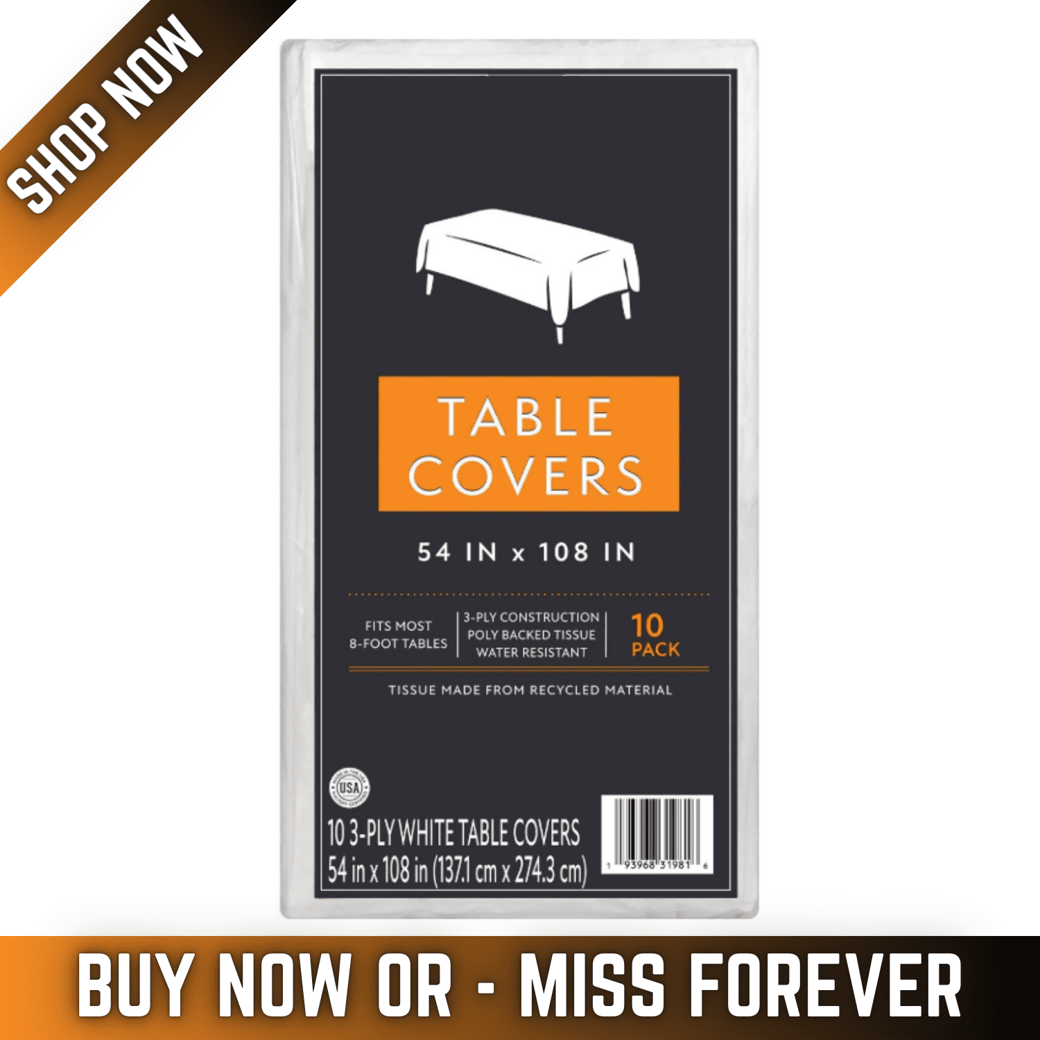 White 3-Ply Tissue Tablecovers, 54" x 108", Disposable, 10 Pack ...