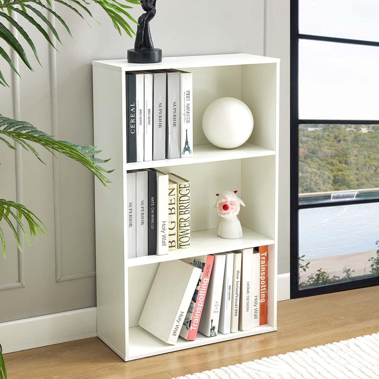 White 3-Shelf Bookcase, Floor Standing Bookshelf with Storage ...
