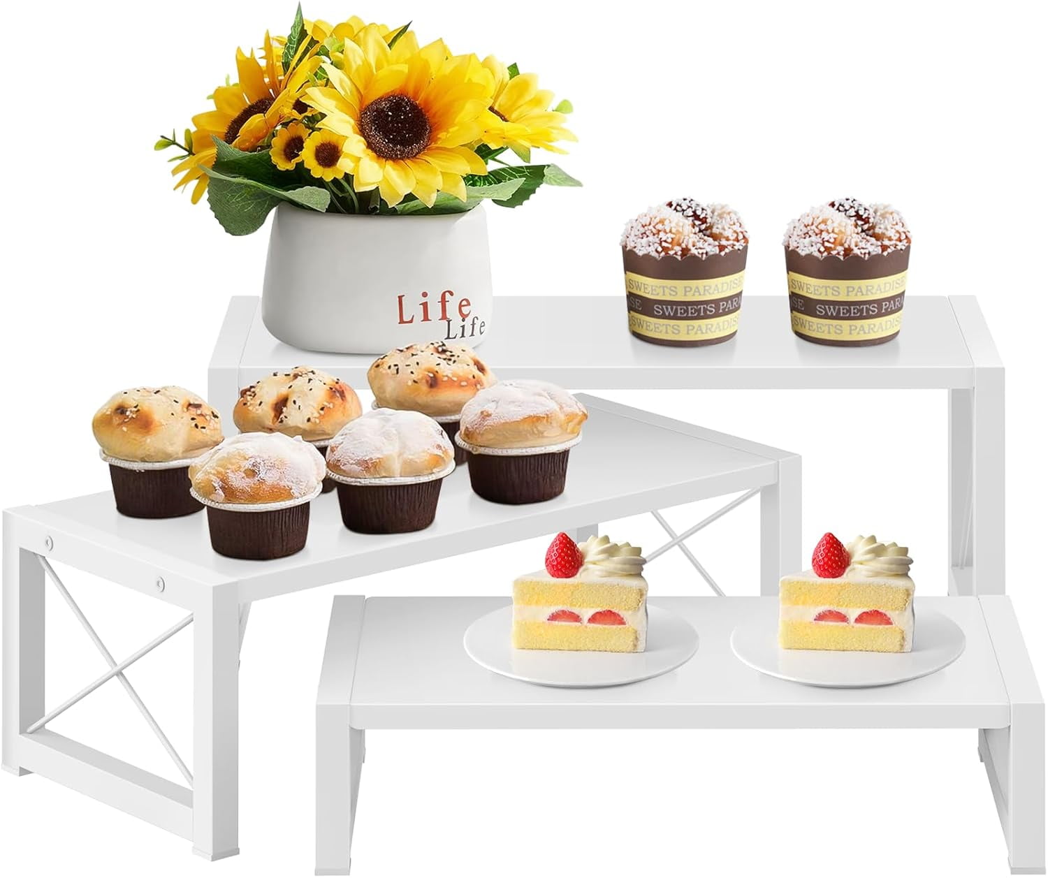 White 3-Tier Cupcake Stand & Wooden Display Riser, Dessert Stand for ...