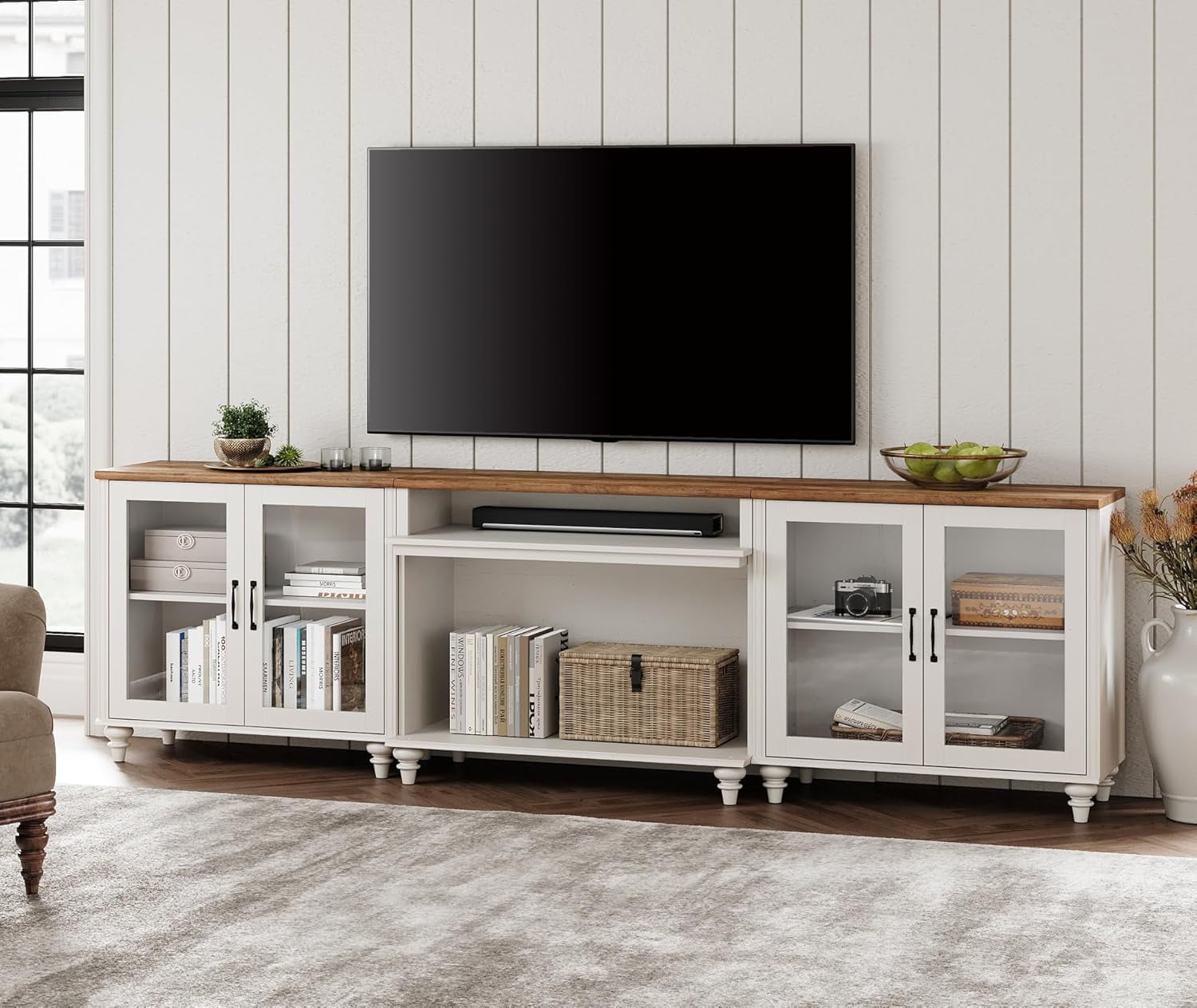 White 3-in-1 Multipurpose TV Stand for TVs up to 100'' with 4 Glass ...